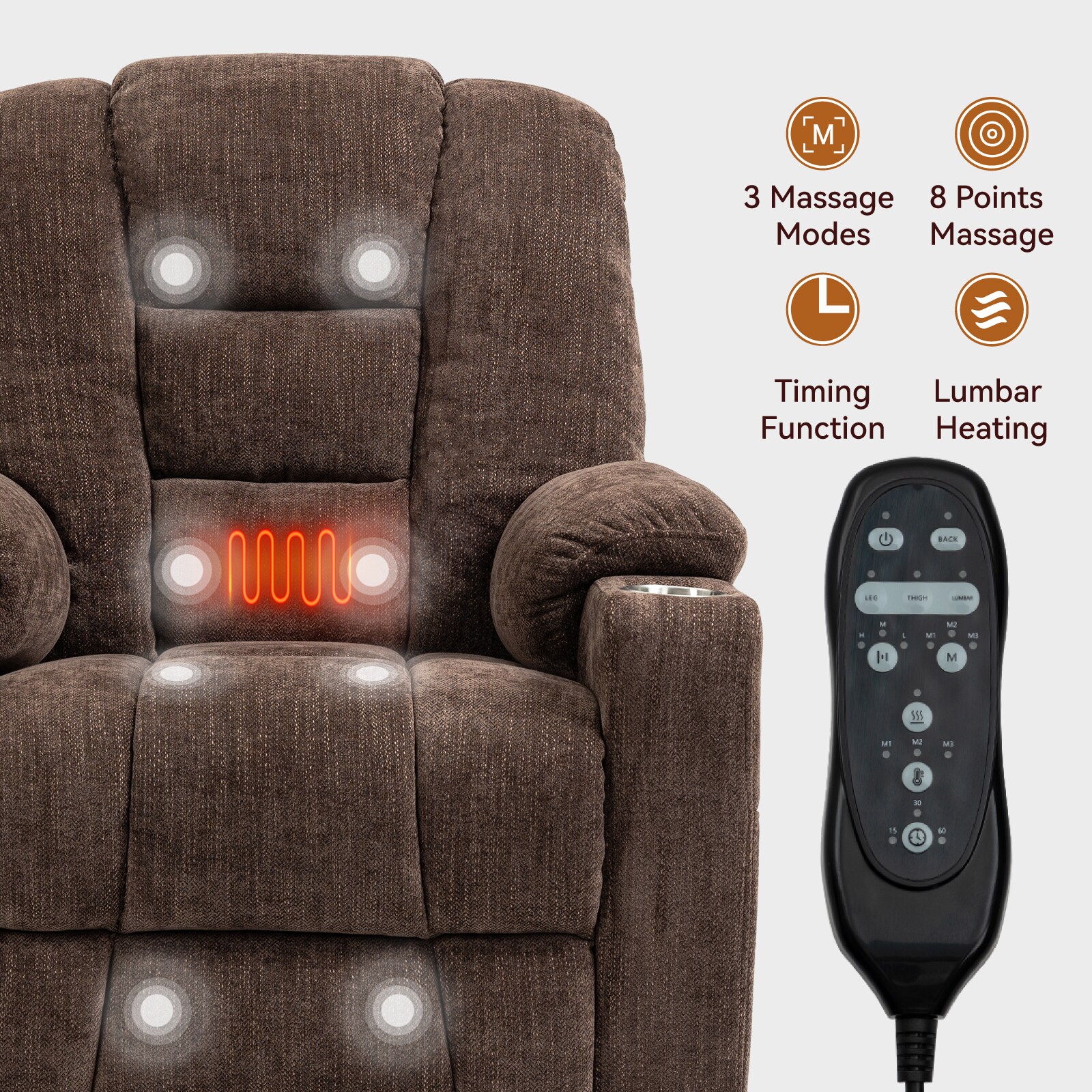 Flynama Brown Chenille Tufted Powered Reclining Massage Chair in the ...