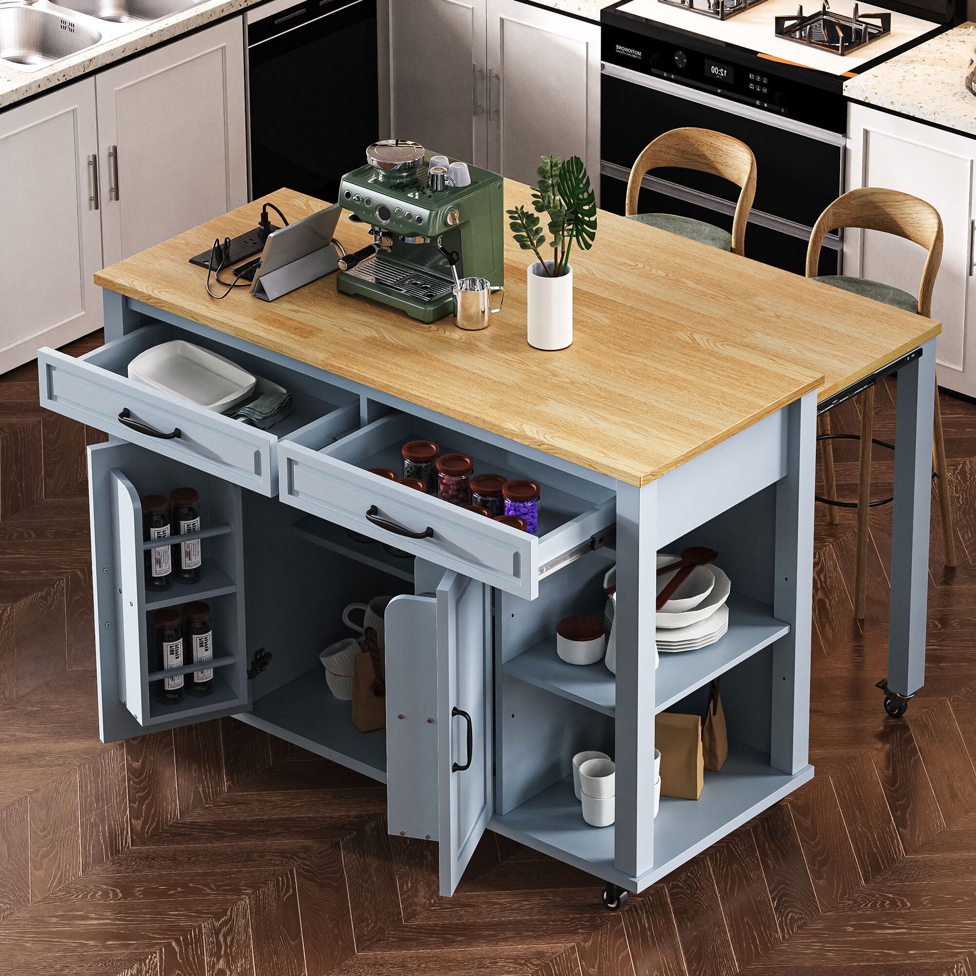 Runesay Blue MDF Base with MDF Wood Top Rolling Kitchen Island ( 33.5 ...