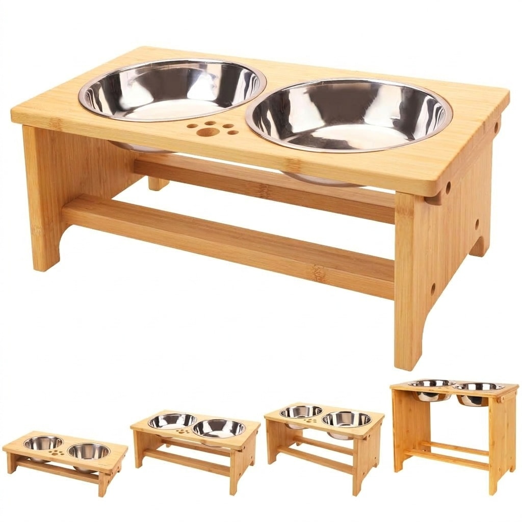 Misopily Elevated Dog Bowls Raised Bamboo Stand with 2 Stainless Steel ...