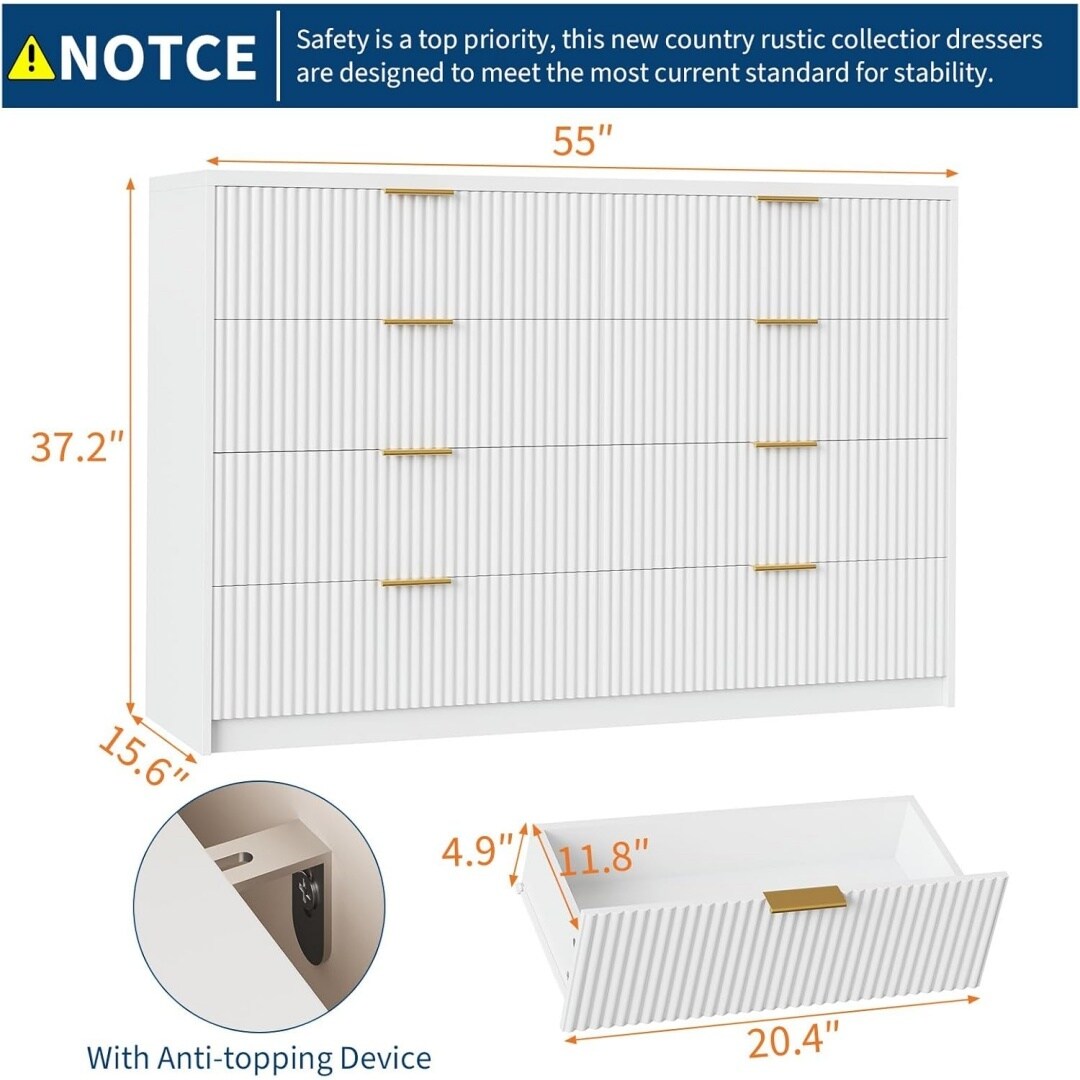 Garvee 8 Drawer Fluted Dresser for Bedroom 55in Wide Modern Chest of ...