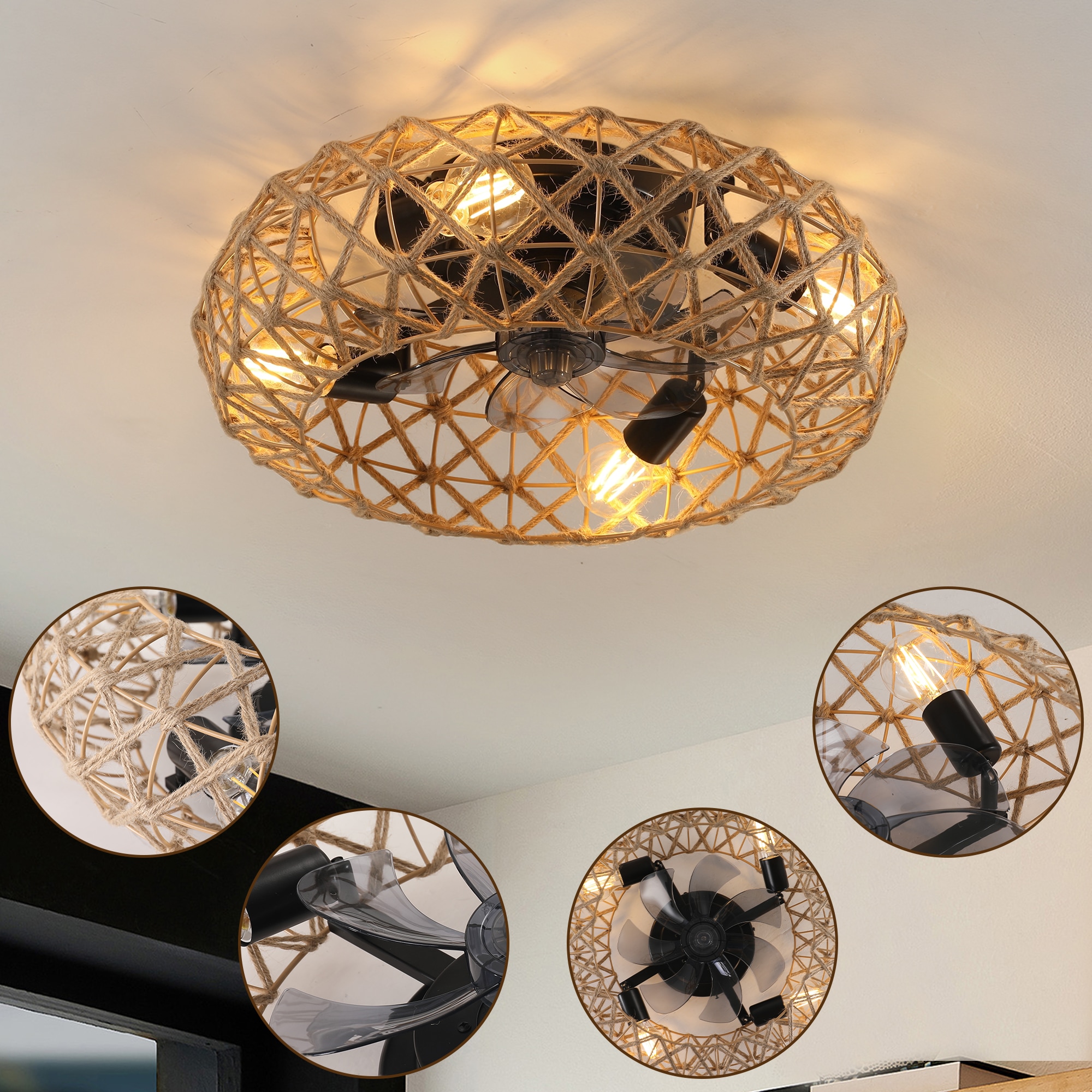 JUSHUA 19 Inch Rattan Weave Ceiling Fan with 4 Light Sockets Reversible ...