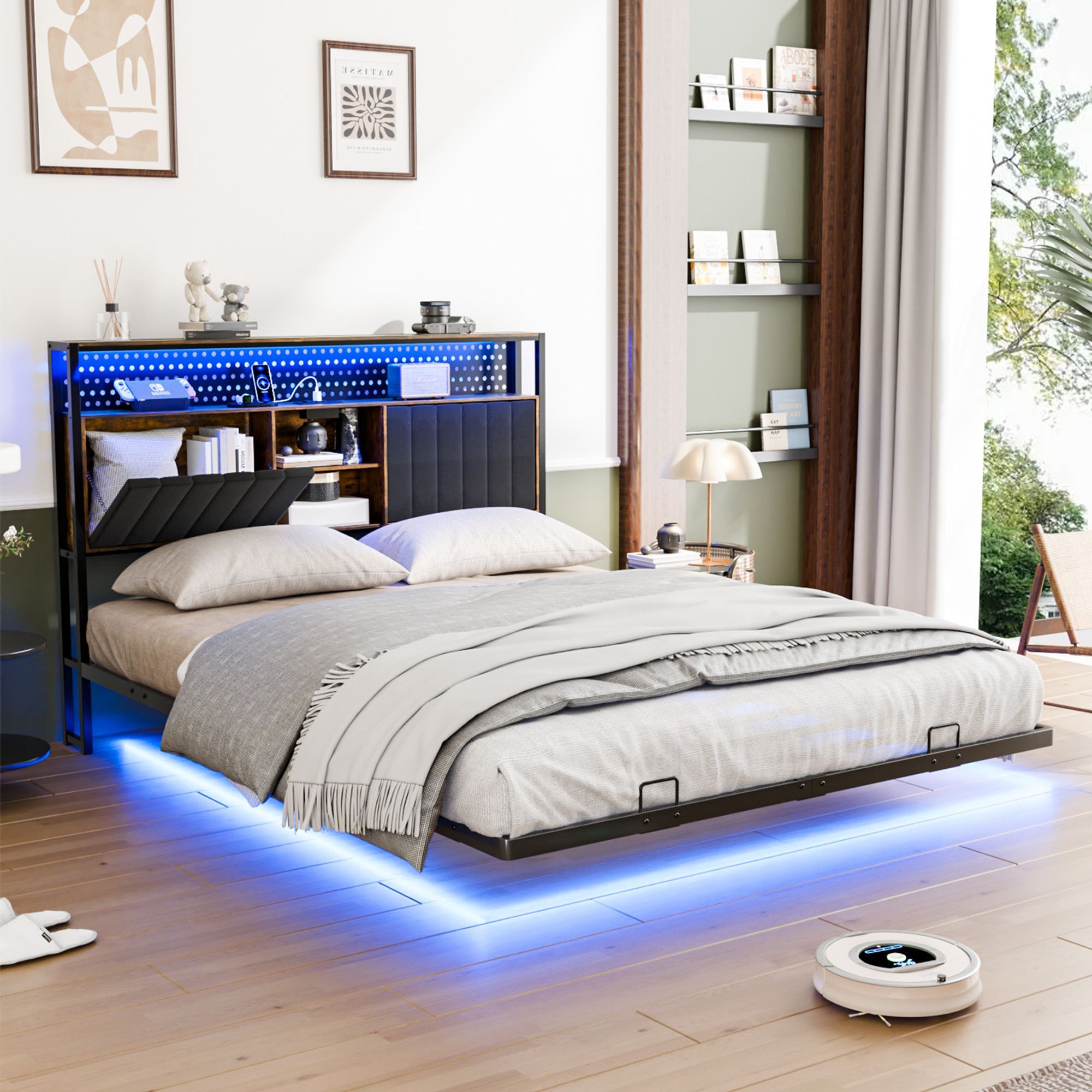 Winado Floating Bed Frame Queen Size with Storage Headboard Metal ...