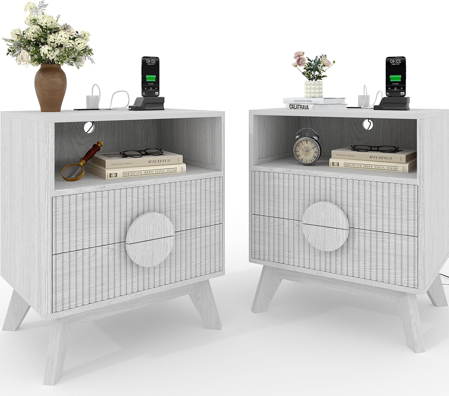 Garvee Set of 2 Modern Fluted Night Stand Wood Nightstand Bedside Table ...