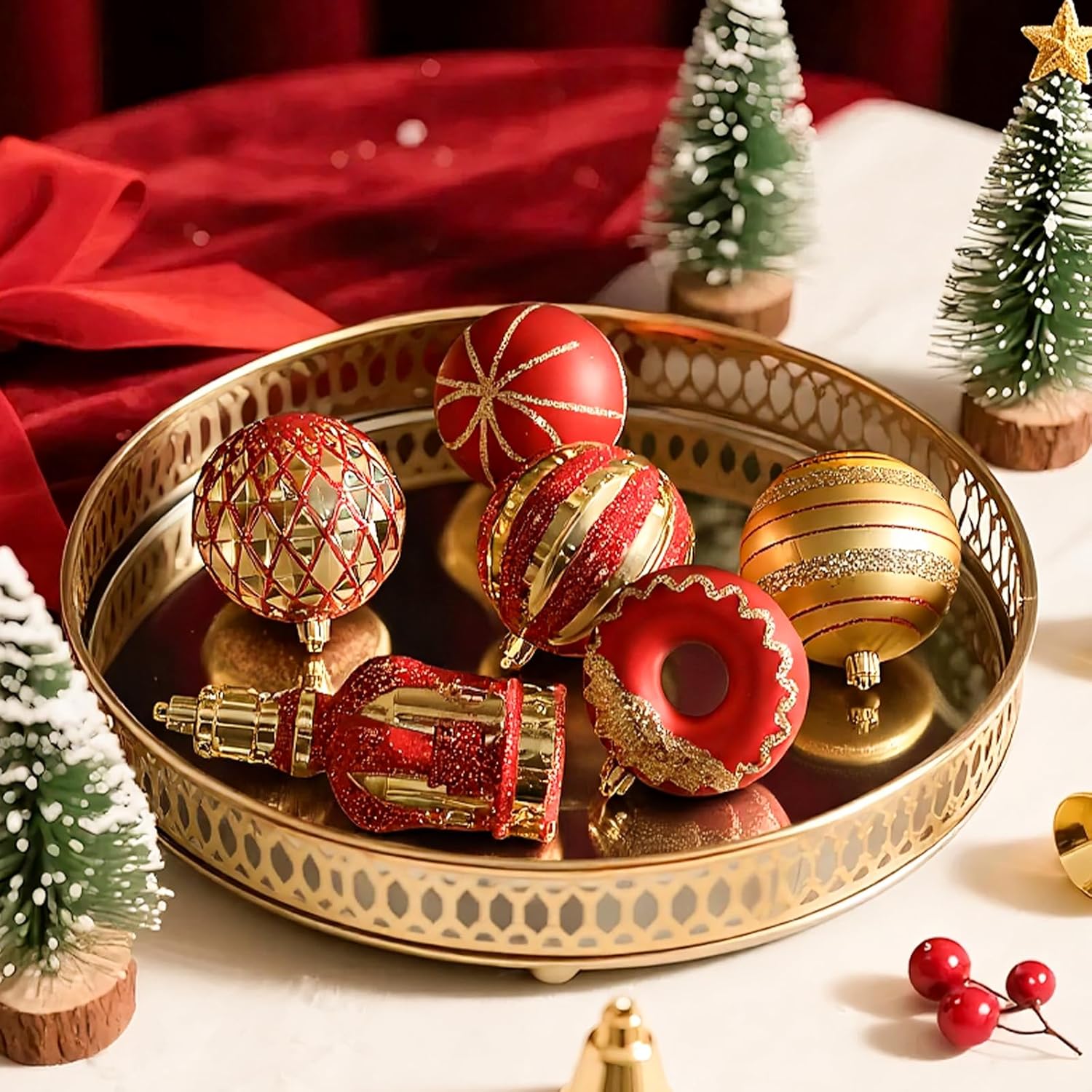 Etokfoks 70pcs Red and Gold Christmas Ornament Set Shatterproof Plastic ...