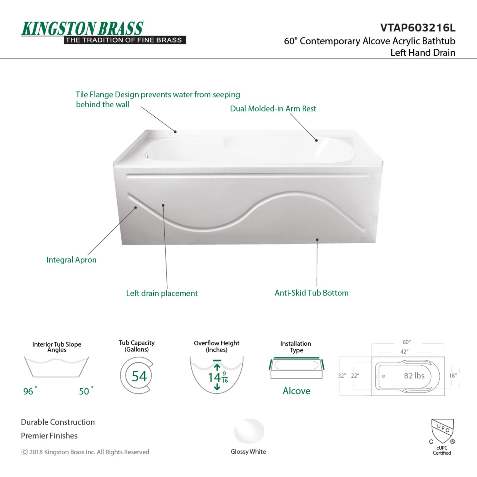 Kingston Brass Alcove 32-in x 60-in White Acrylic Alcove Soaking ...