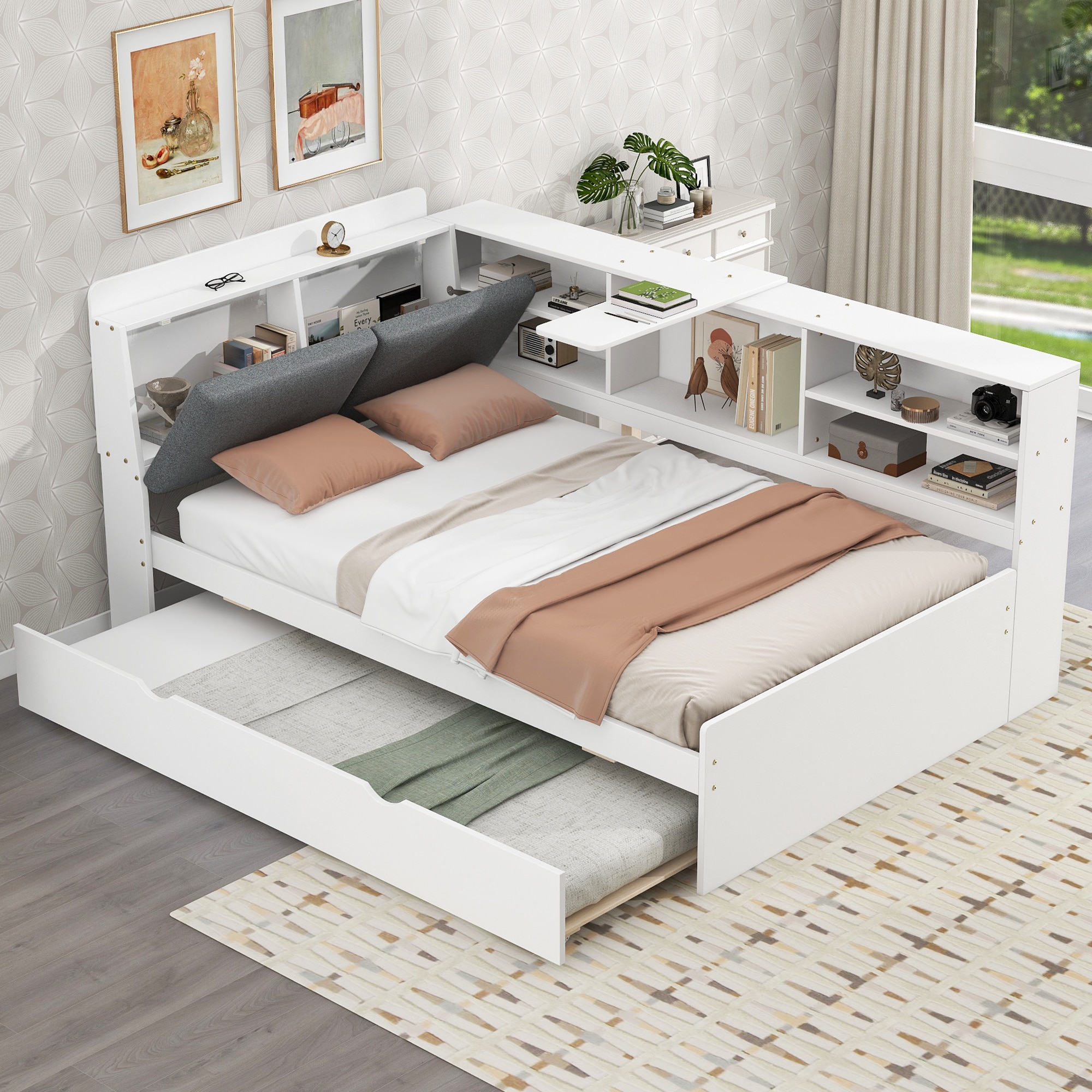 Wood Twin Size platform bed with Trundle, Shelves Integrated Storage ...