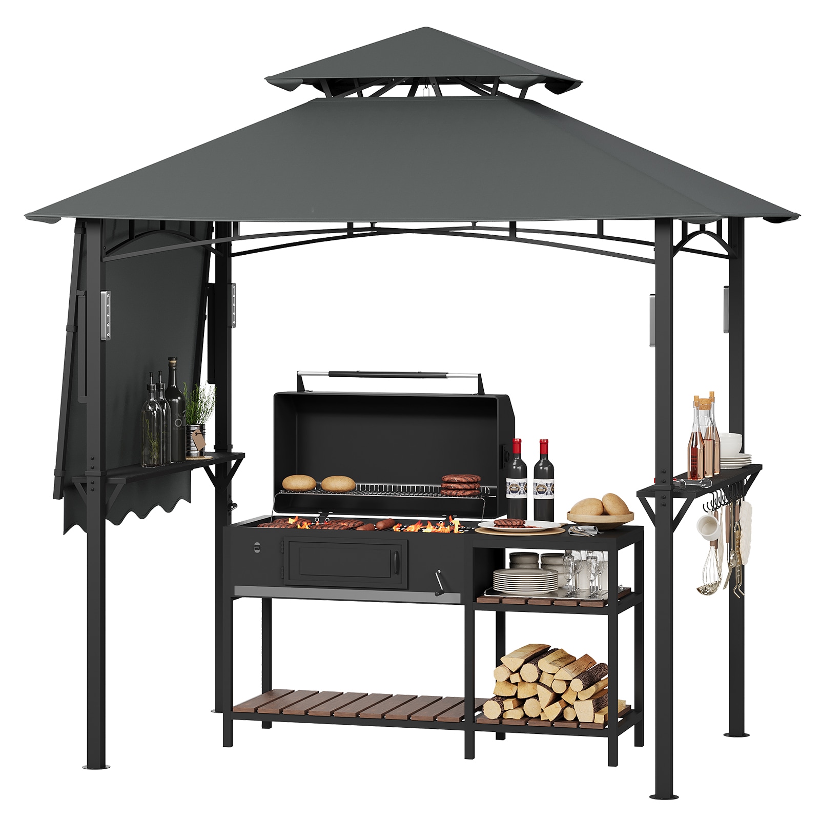 GarveeLife Grill Gazebo with Side Awning Double-Tier BBQ Canopy with 2 ...