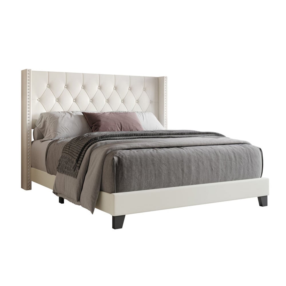 Home Design Twin Light Beige Wood Tufted Panel Bed with Headboard in ...