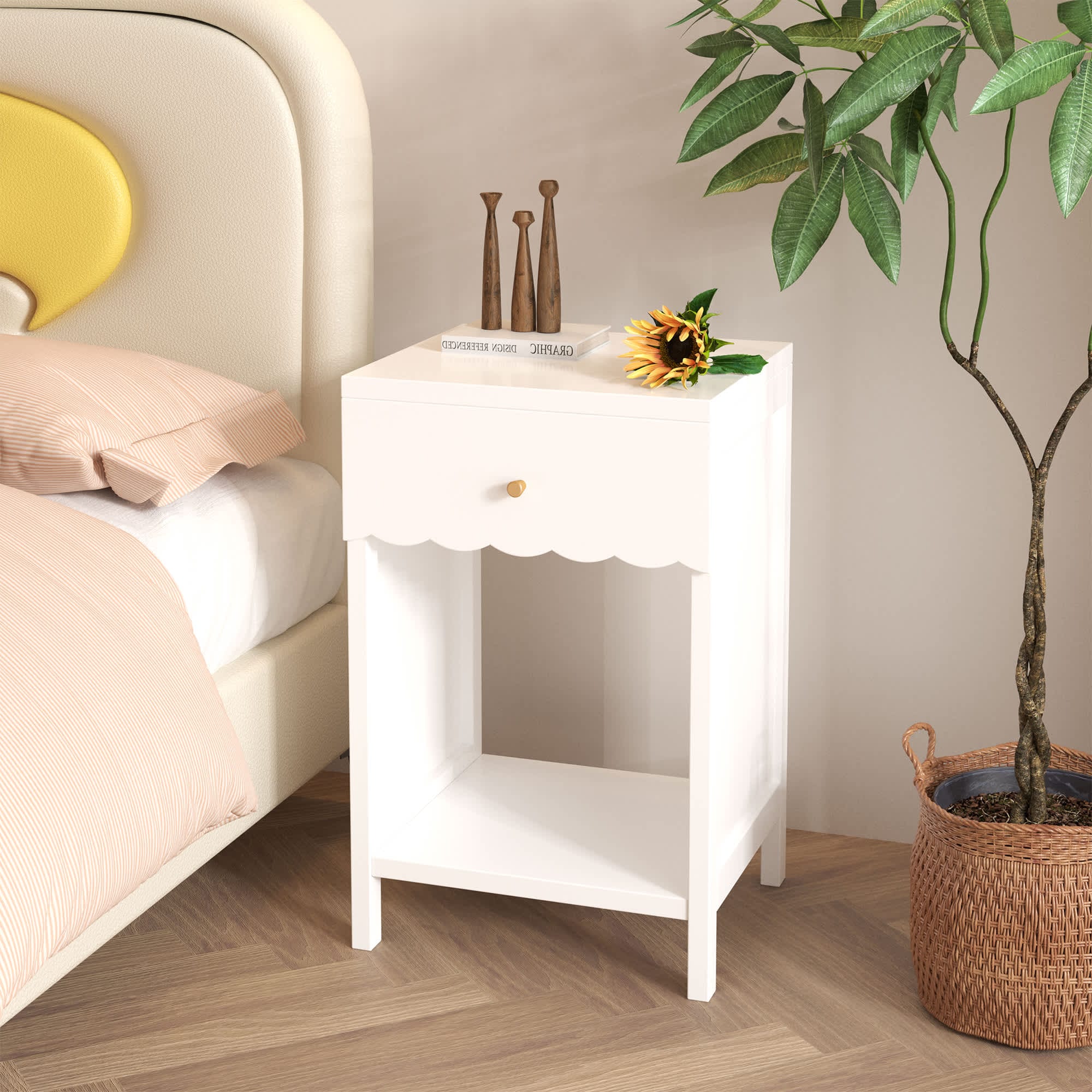 Aoibox modern white nightstand with drawer and open shelf scalloped ...