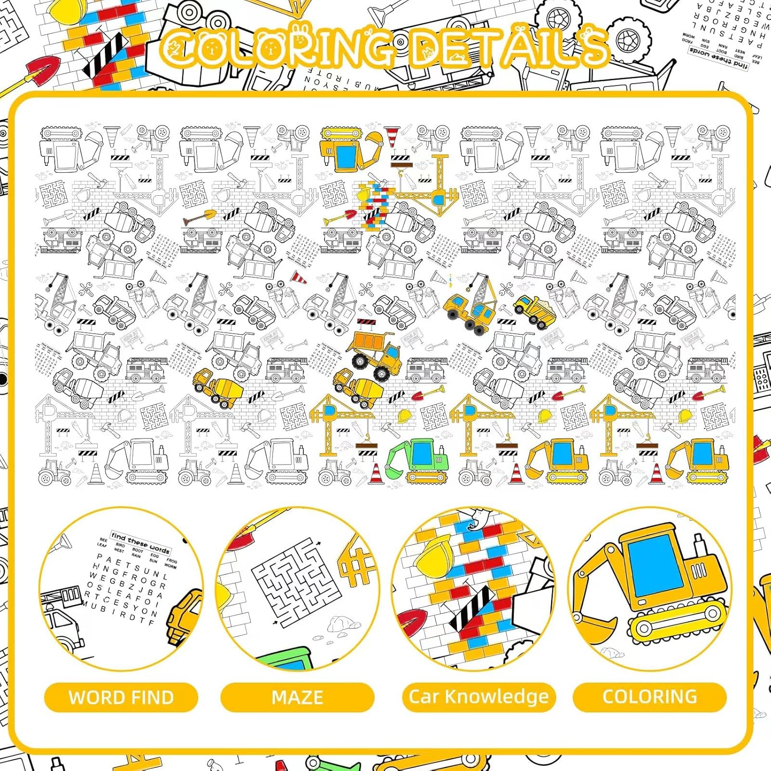 TONIFUL Construction Theme Coloring Tablecloth for Kids 1 Pack Giant ...