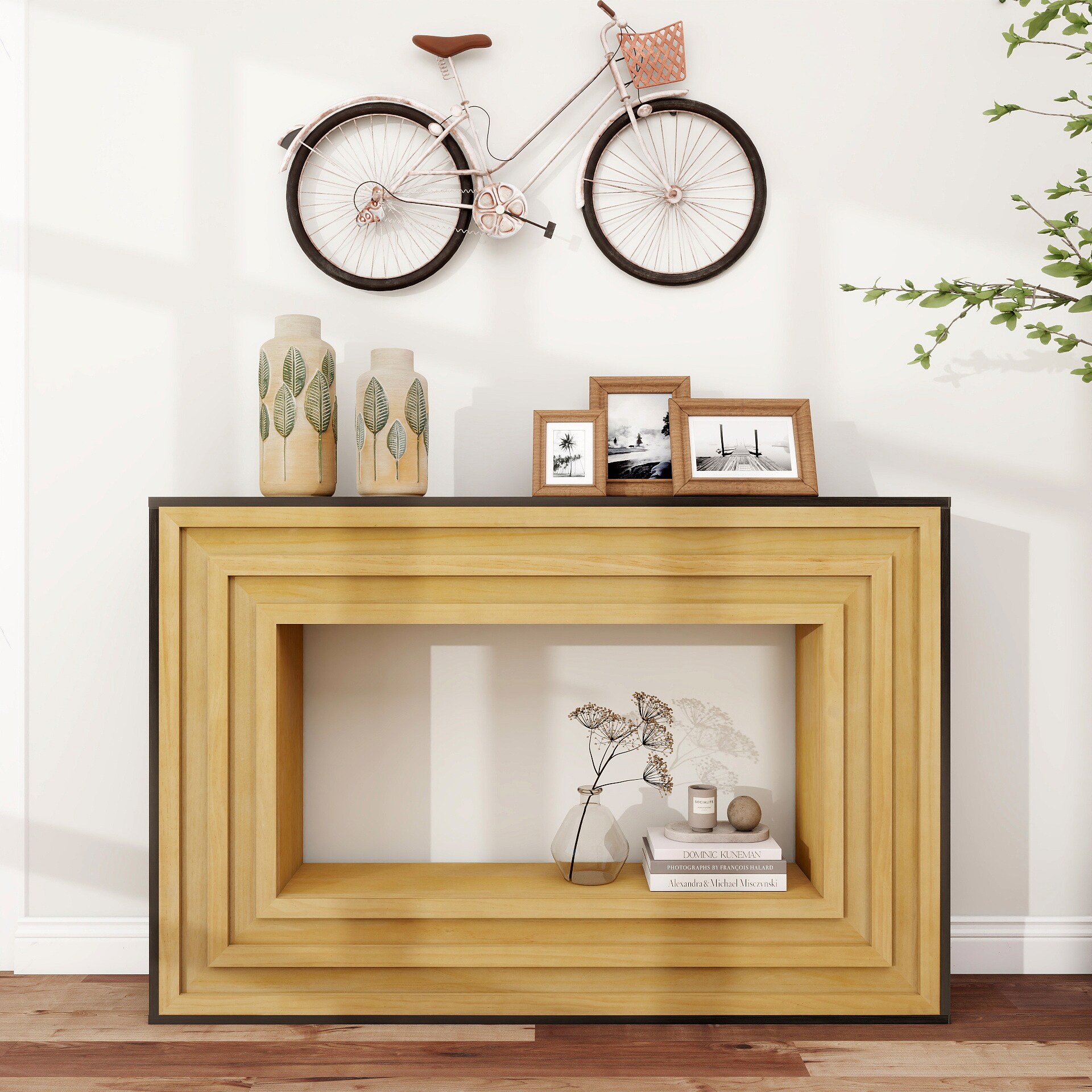 LUXEYARD Modern Contrast Console Table with Layered Wood Frame and ...