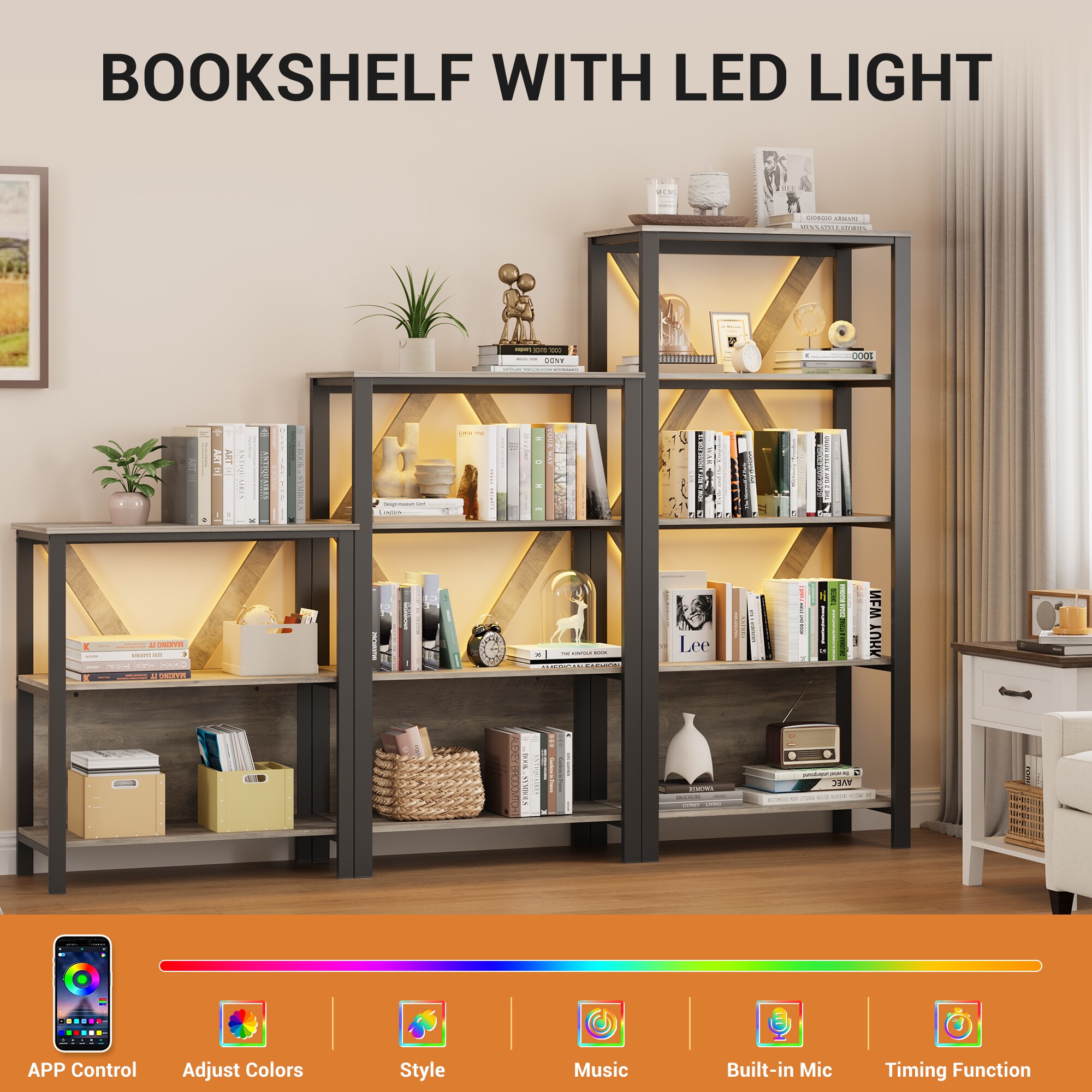 Assile 3 Tier Gray Bookcase with LED Light Back Panel Metal Frame Open ...