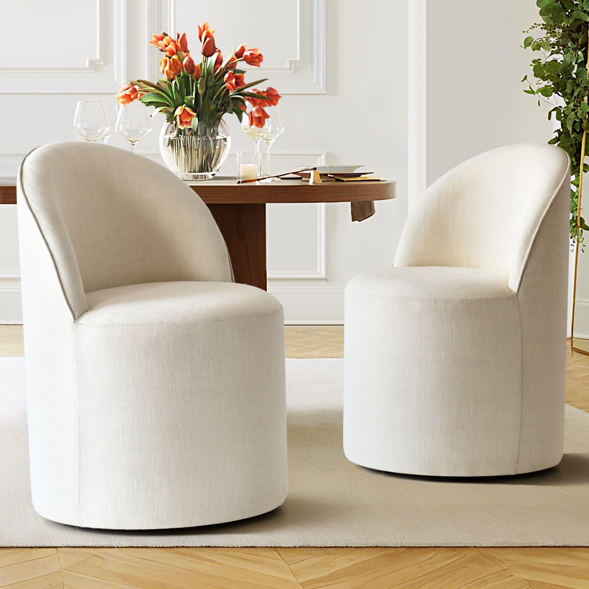 Maison Boucle Set of 2 Upholstered Cream Linen Barrel Dining Chairs ...