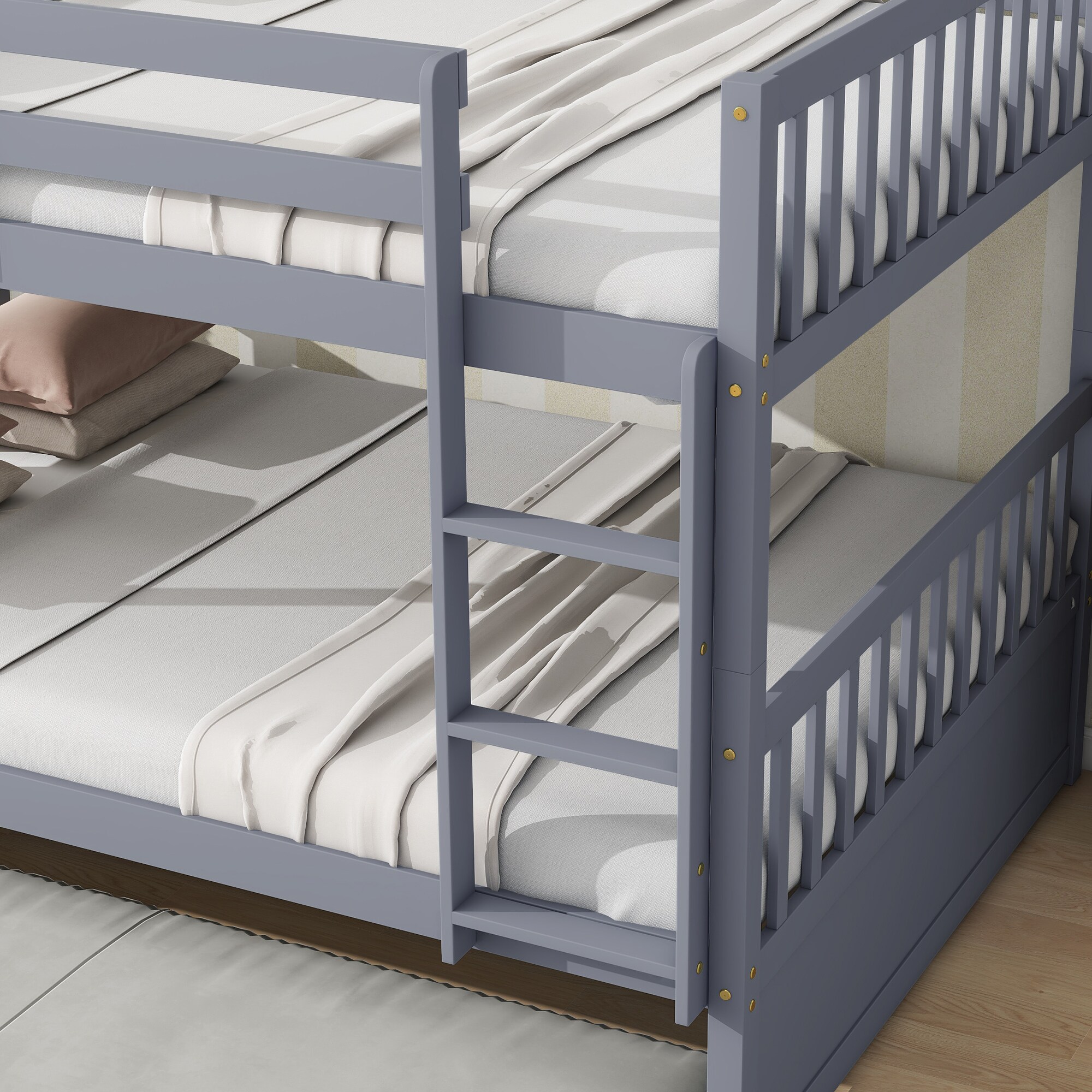 Huluwat Full Over Full Rubber Wood Bunk Bed with Trundle Ladder and ...