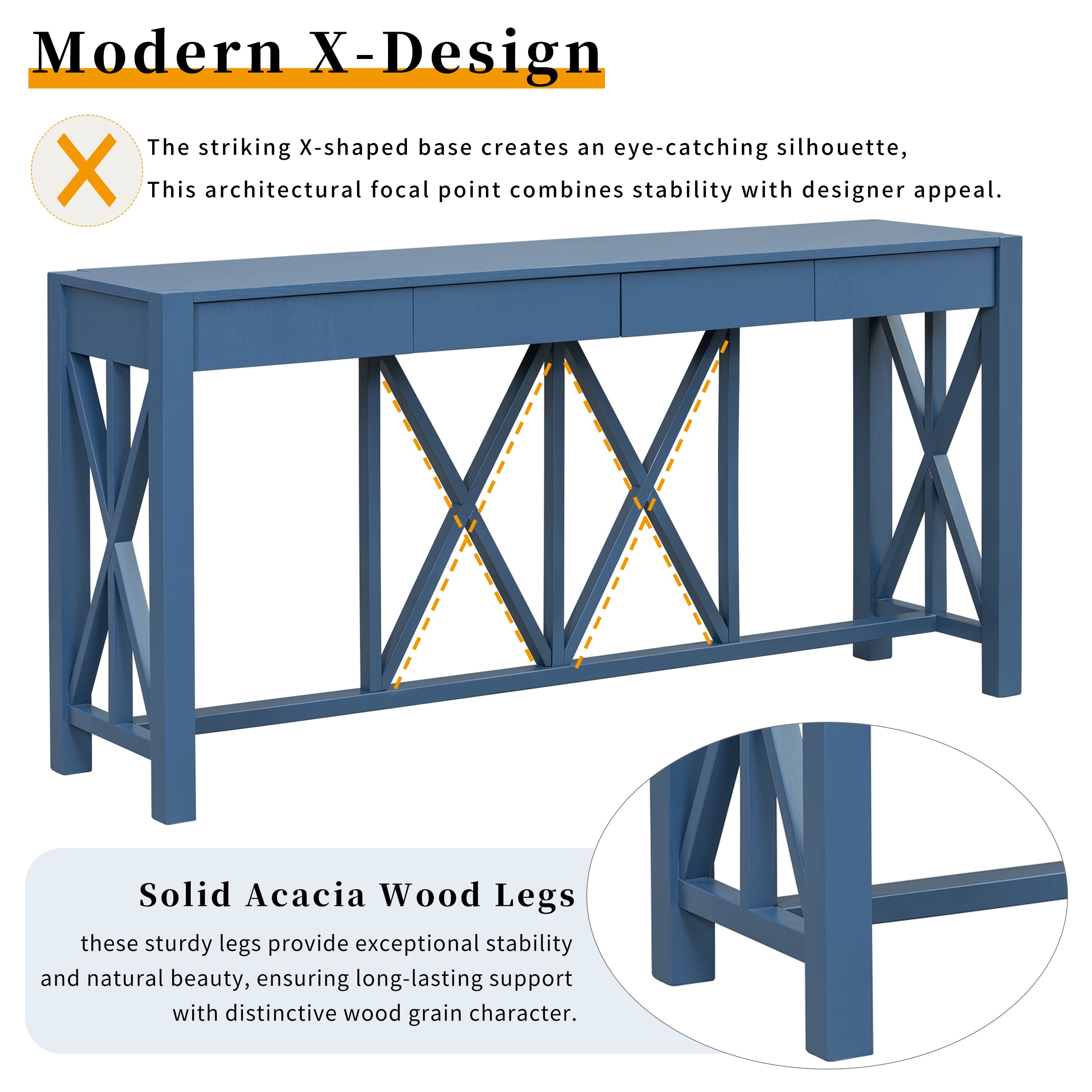 Vynxaria 60 Inch Acacia Veneer Console Table 4 Spacious Drawers X Leg ...