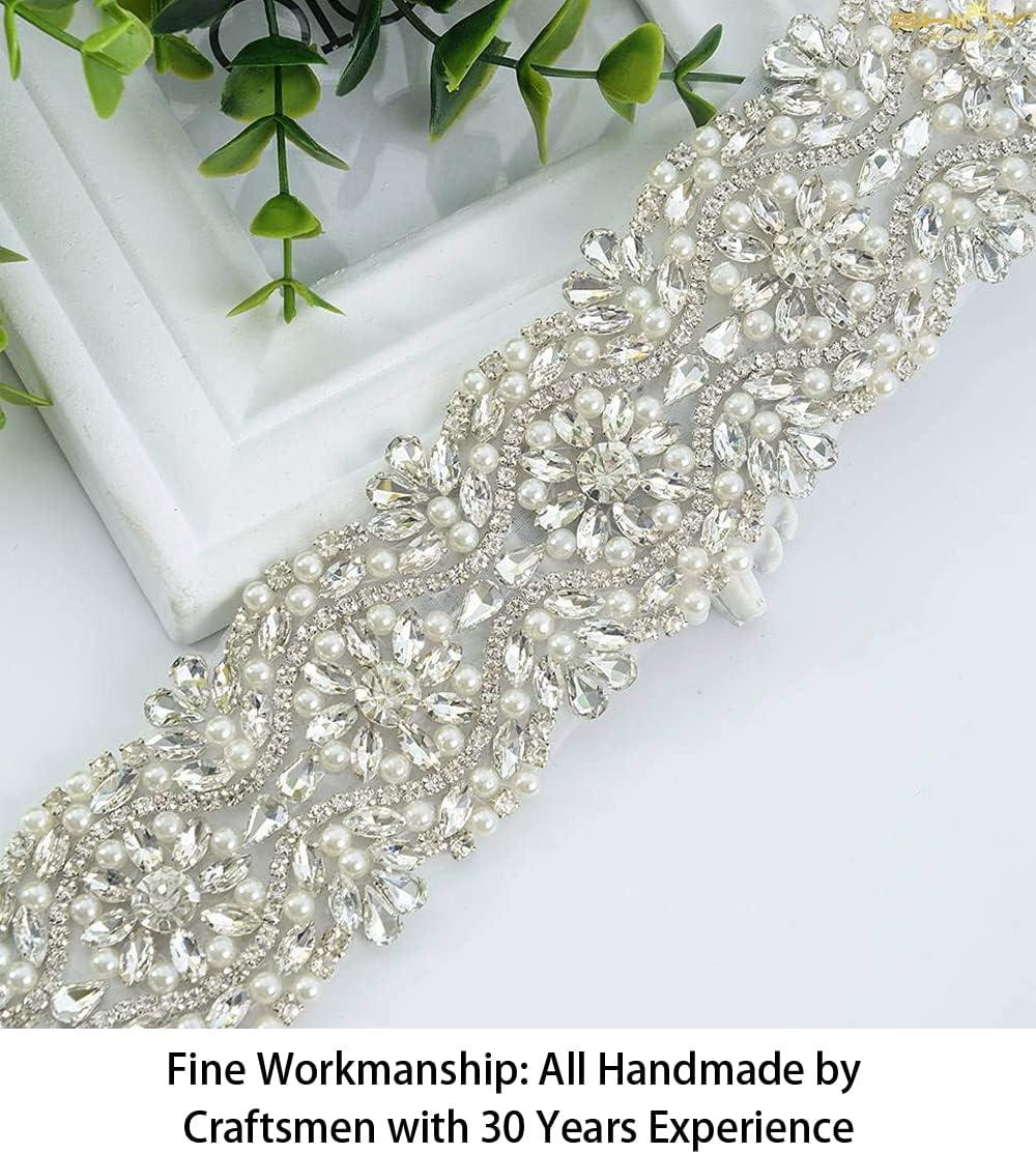 ShiDianYi Wedding Dress Belt Silver Sparkly Sash with Rhinestones Beads ...
