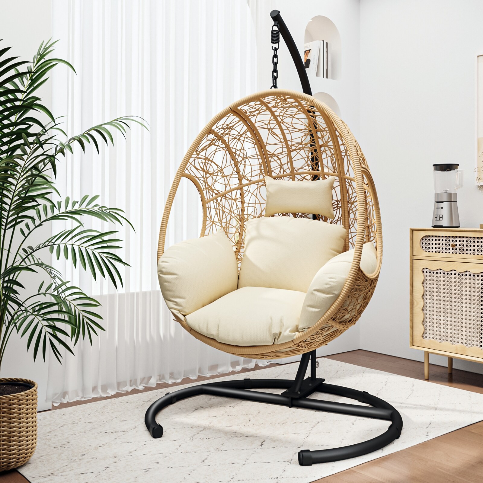 Dimakai Wicker Beige Metal Frame Hanging Egg Chair with Beige Cushioned ...