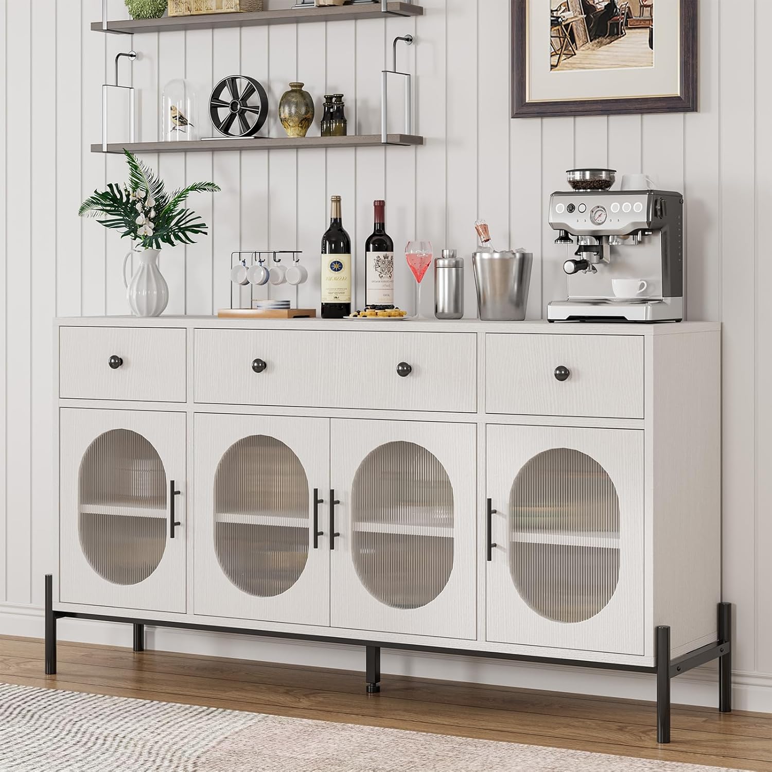 GAOMON White 62 inch buffet cabinet with three drawers four fluted ...