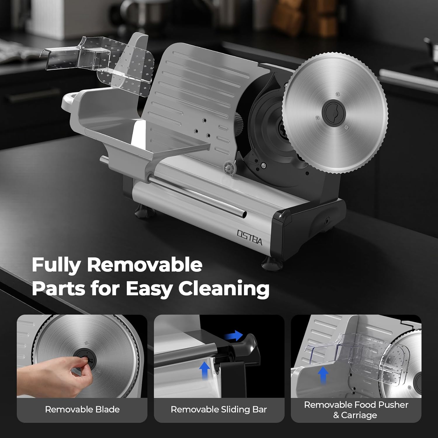 OSTBA Electric Meat Slicer with 200W DC Motor 2 Removable 8.7” Stainless Steel Blades Adjustable ...