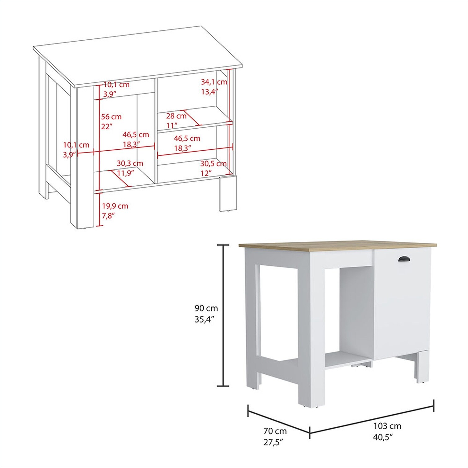 Naturefalls Rectangular Kitchen Island Table with Drawer in White ...