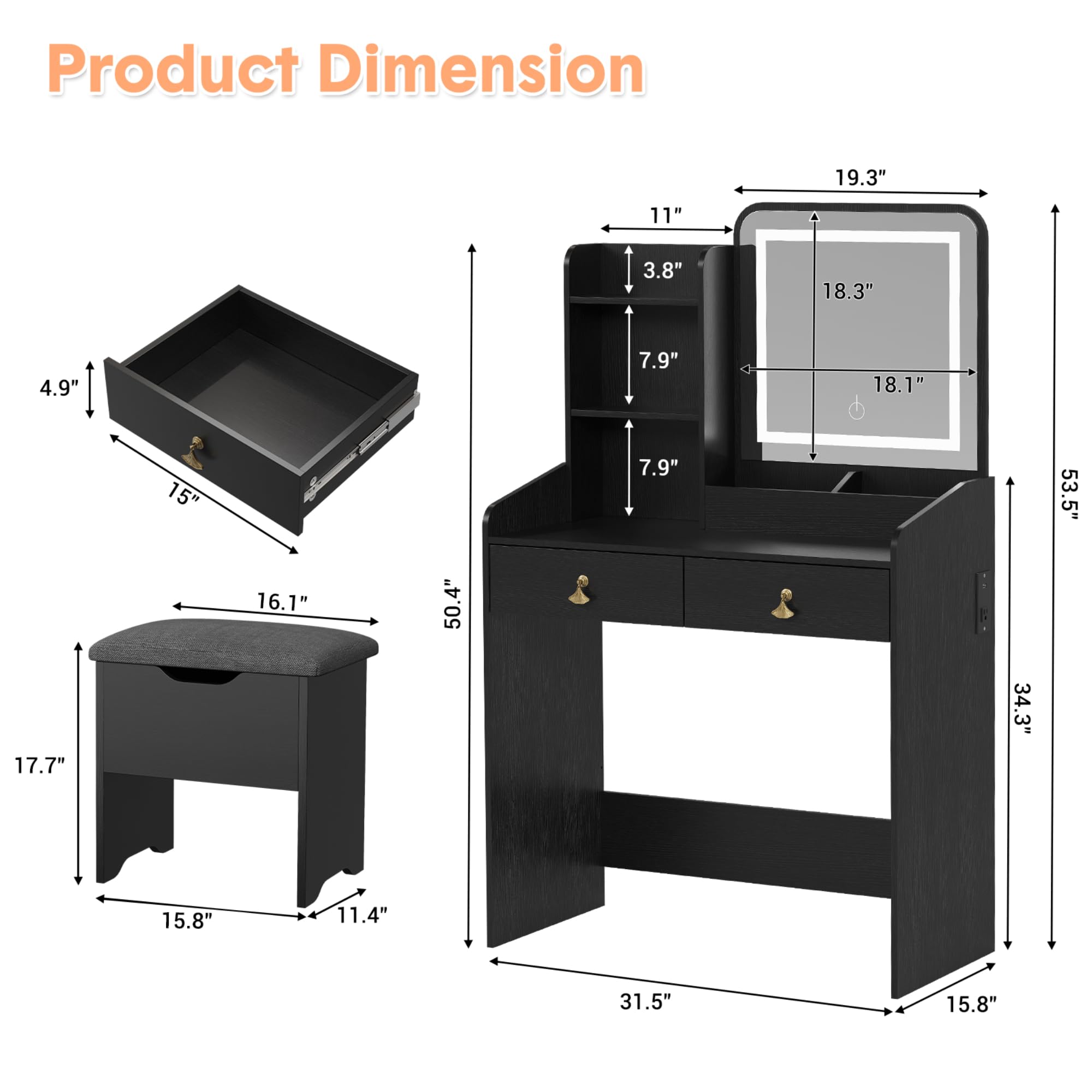 Garvee Small Vanity Desk With LED Light Mirror And Storage Stool Small ...