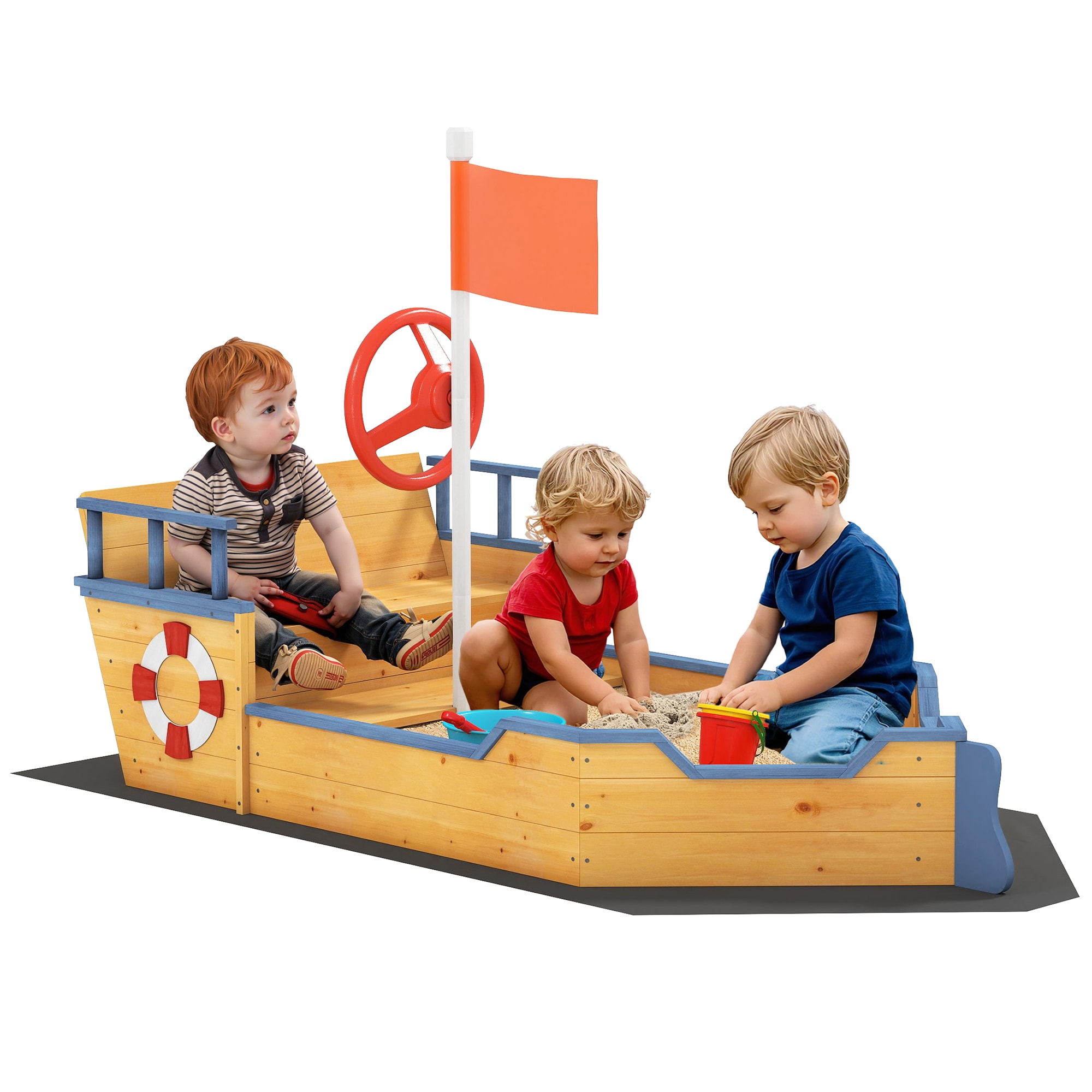 Outsunny Wooden Kids Pirate Sandbox Outdoor Sandboat with Bench Seats ...