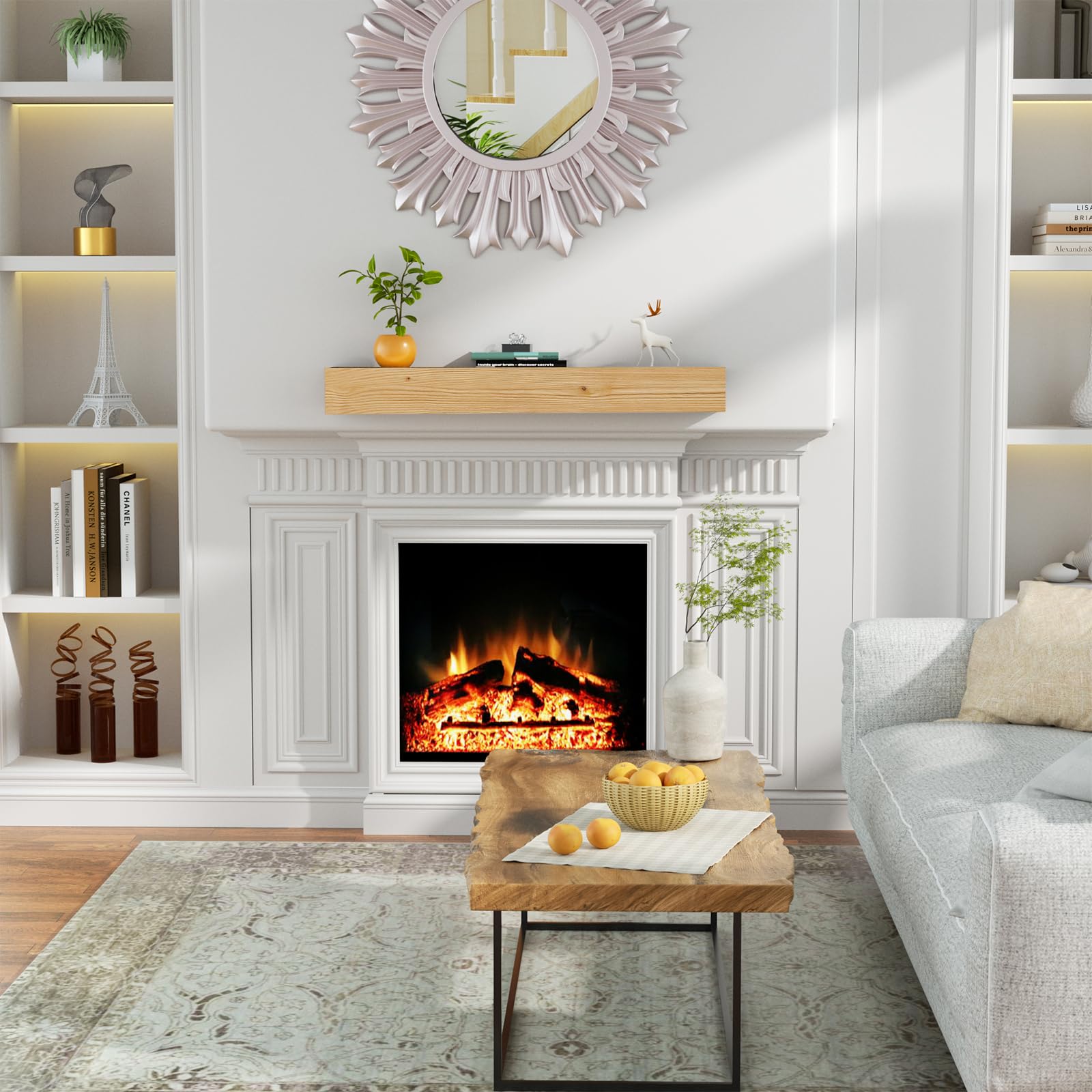 LUXEYARD 48inch Wood Floating Fireplace Shelves Wall Mounted Clear ...