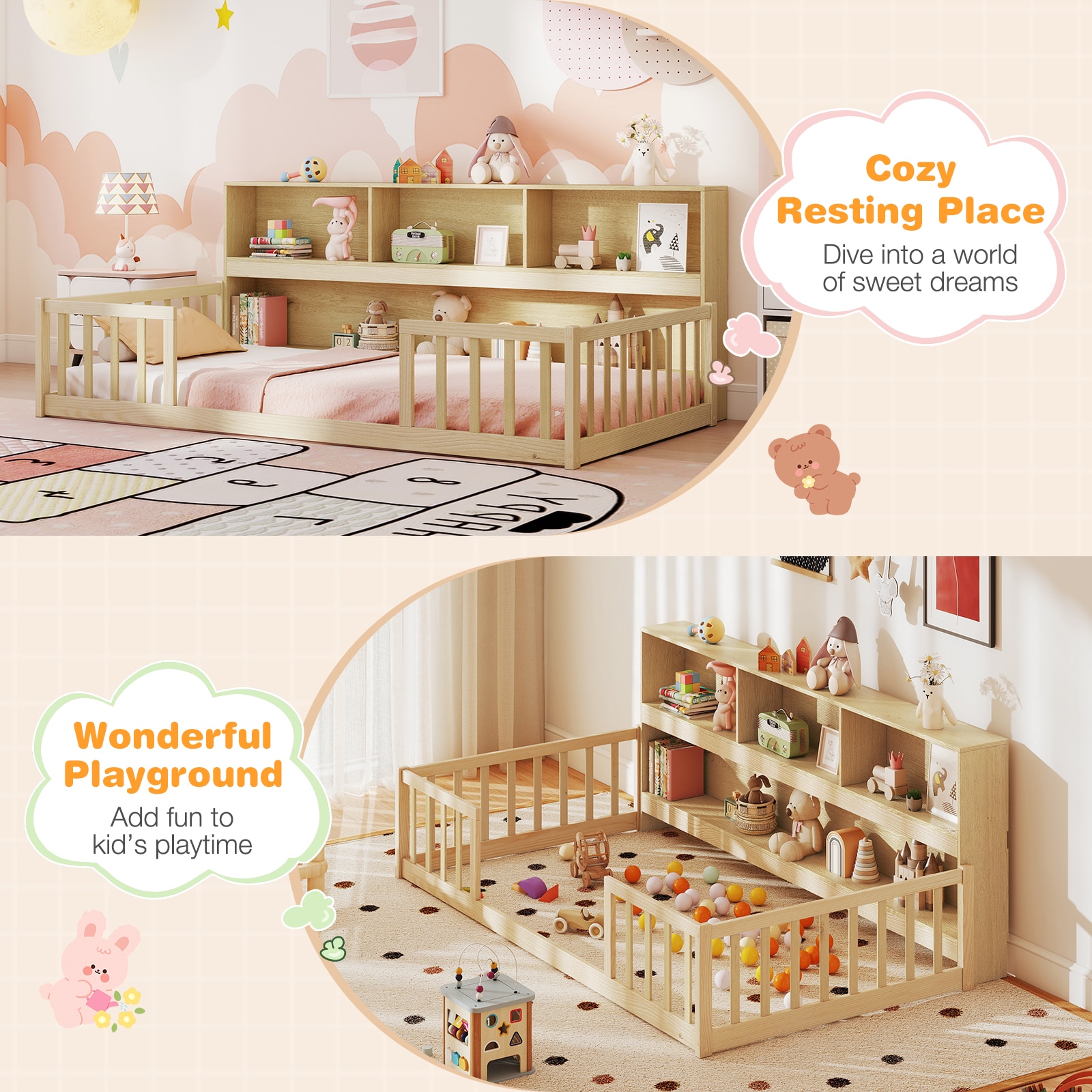 Volenca Twin Montessori Floor Bed with Bookcase Full-Length Fence Rails ...