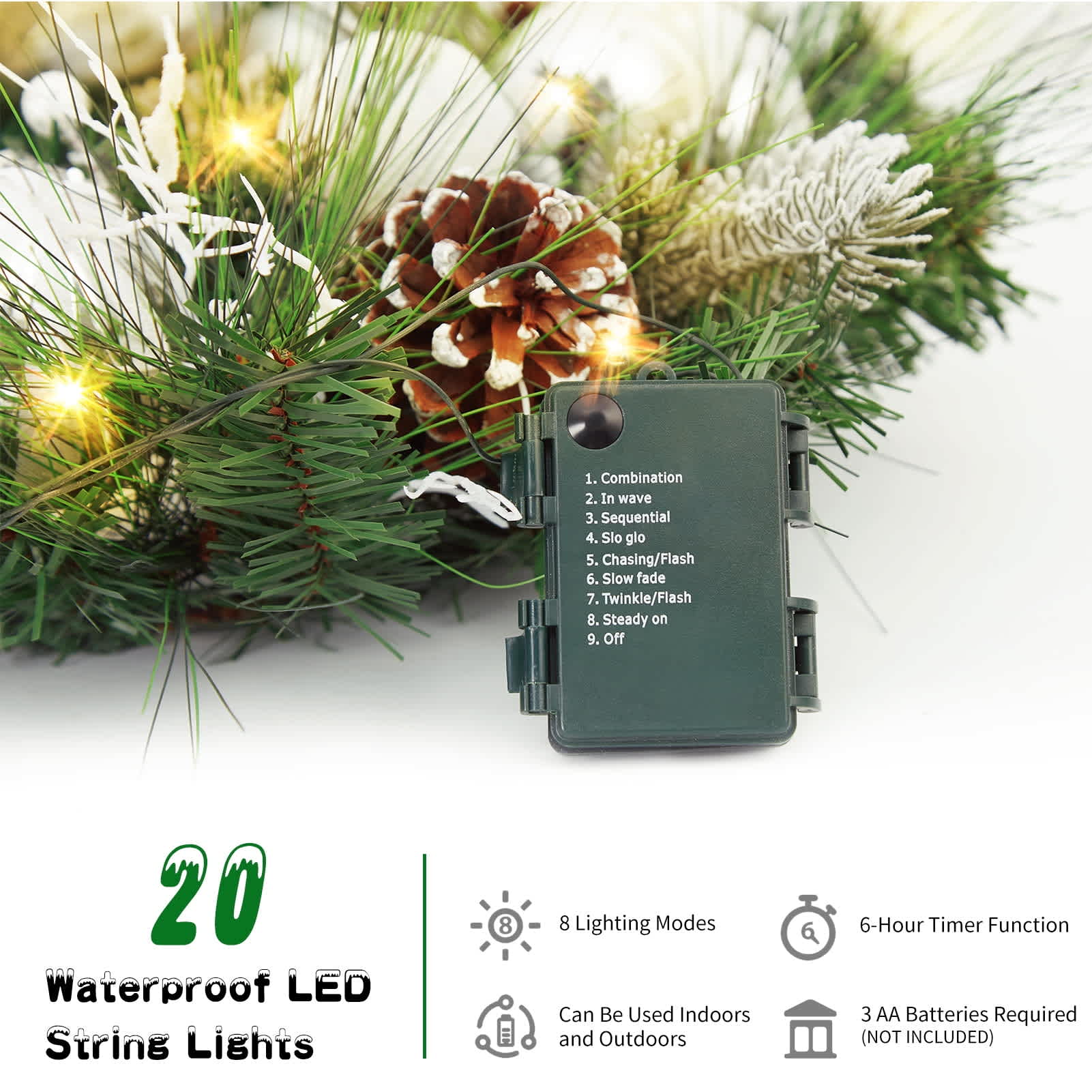 Garvee 24inch Battery Operated Christmas Wreath with Lights - Pre-Lit ...