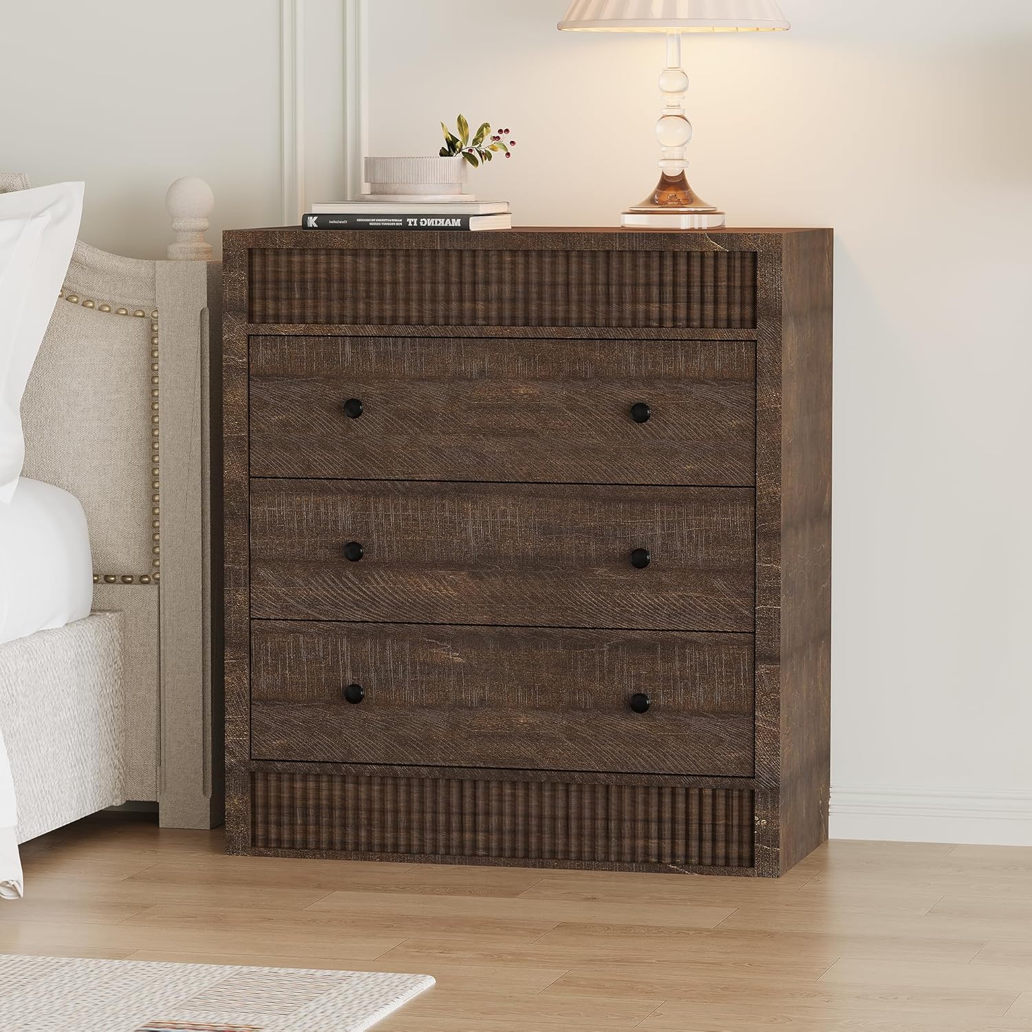 Garvee Wide Fluted 3 Drawer Dresser for Bedroom Modern Wooden Chest of ...
