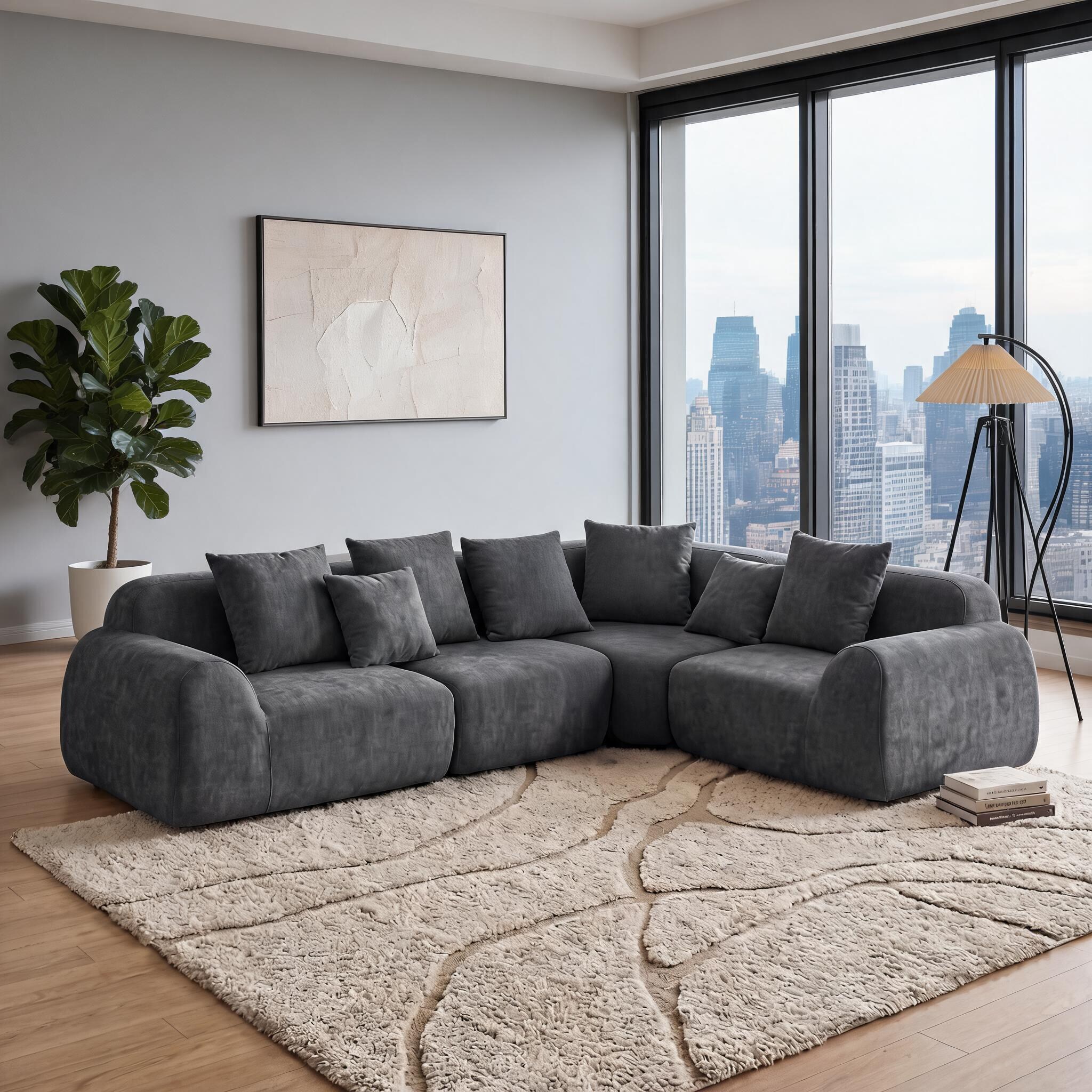 Watnature Soft Gray Velvet Memory Foam 4-Seat 118 Inch Curved L-Shape ...
