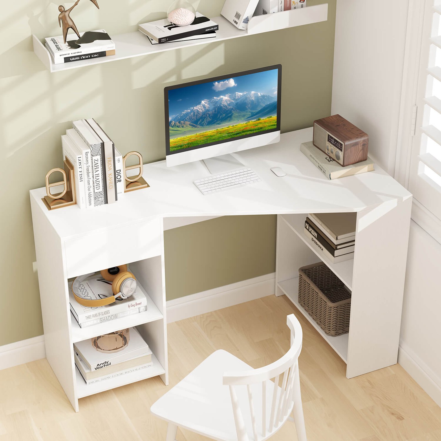 Costway L Shaped Computer Desk with Drawer and Storage Shelves for Home ...