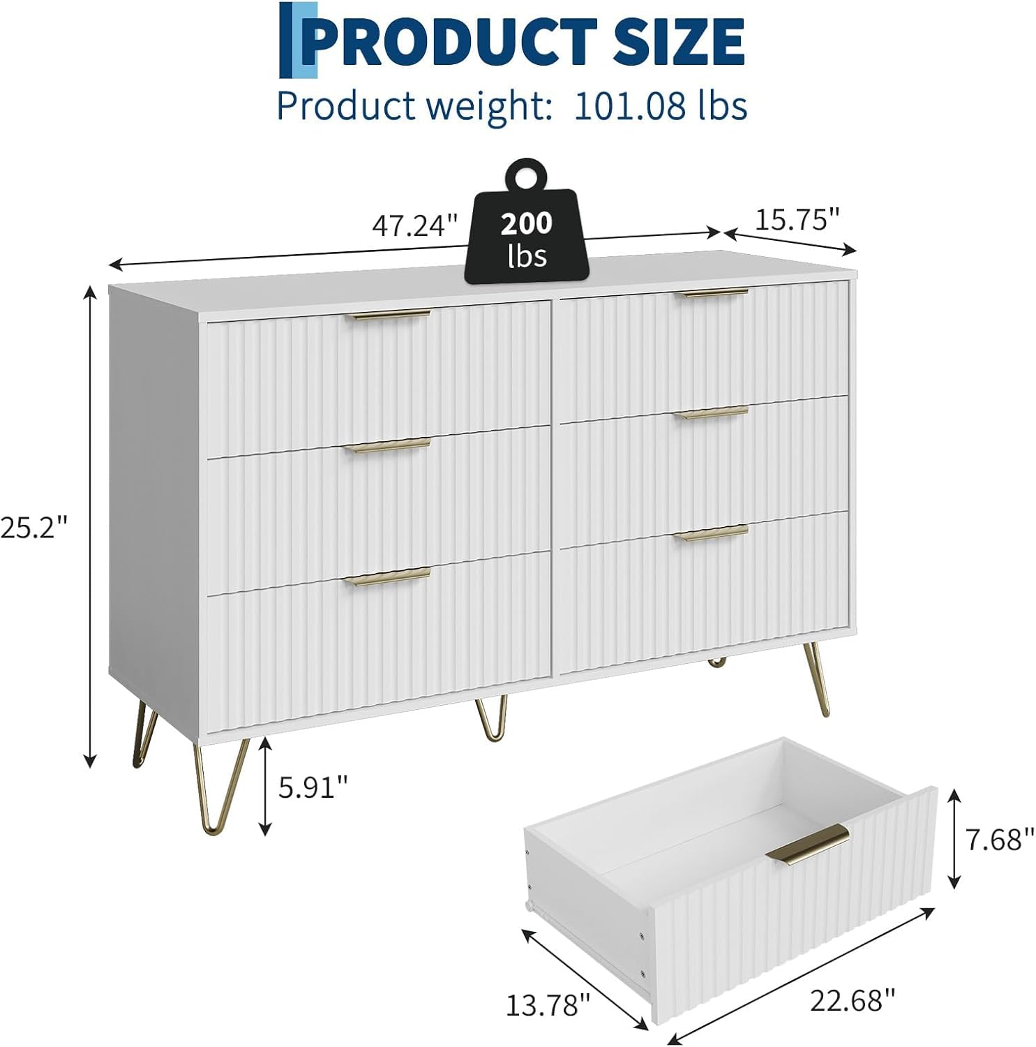 Garvee Fluted Dresser for Bedroom with 6 Drawers 47 in Wide Modern ...