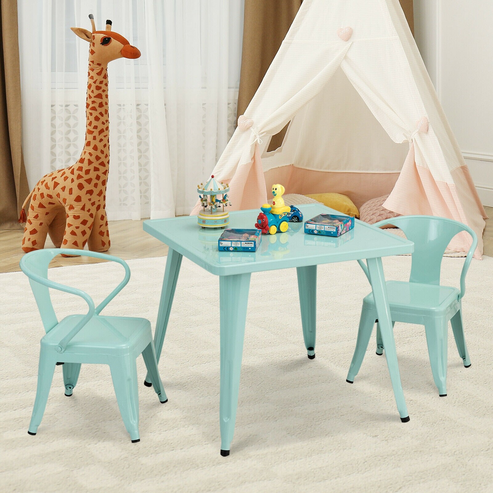 SUGIFT Set Of 2 Stackable Steel Kids Armchairs With X-Brace Rubber Feet ...