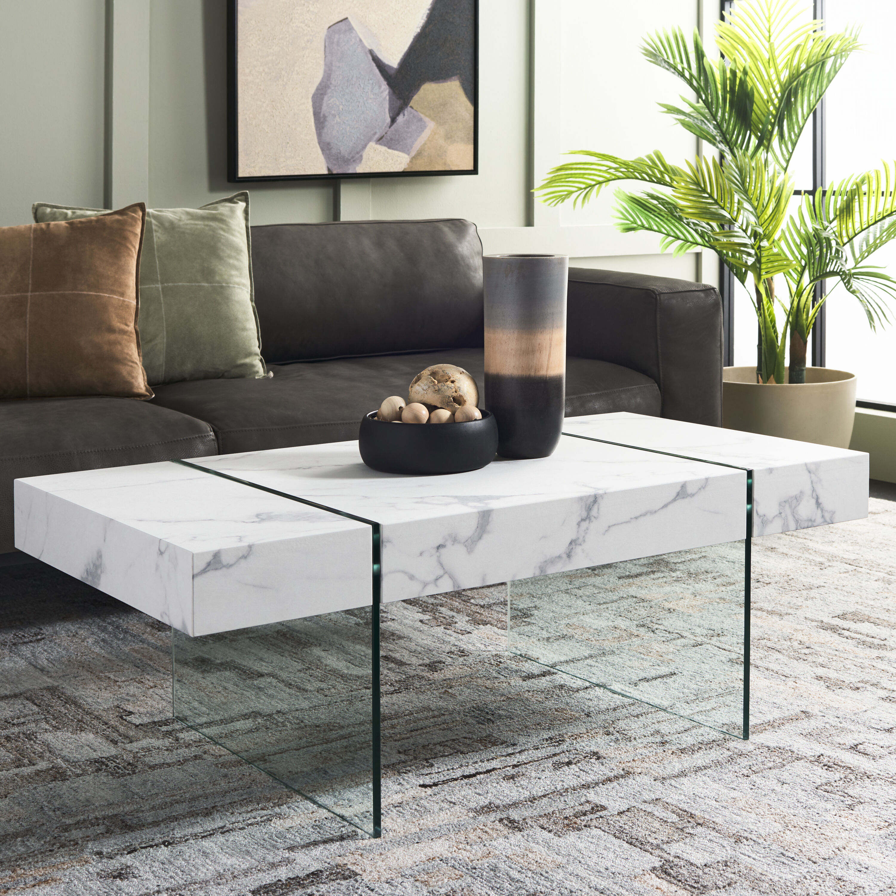 Safavieh Jacob White Faux Marble Clear Glass Legs Rectangular Modern Coffee Table in the Coffee Tables department at Lowes