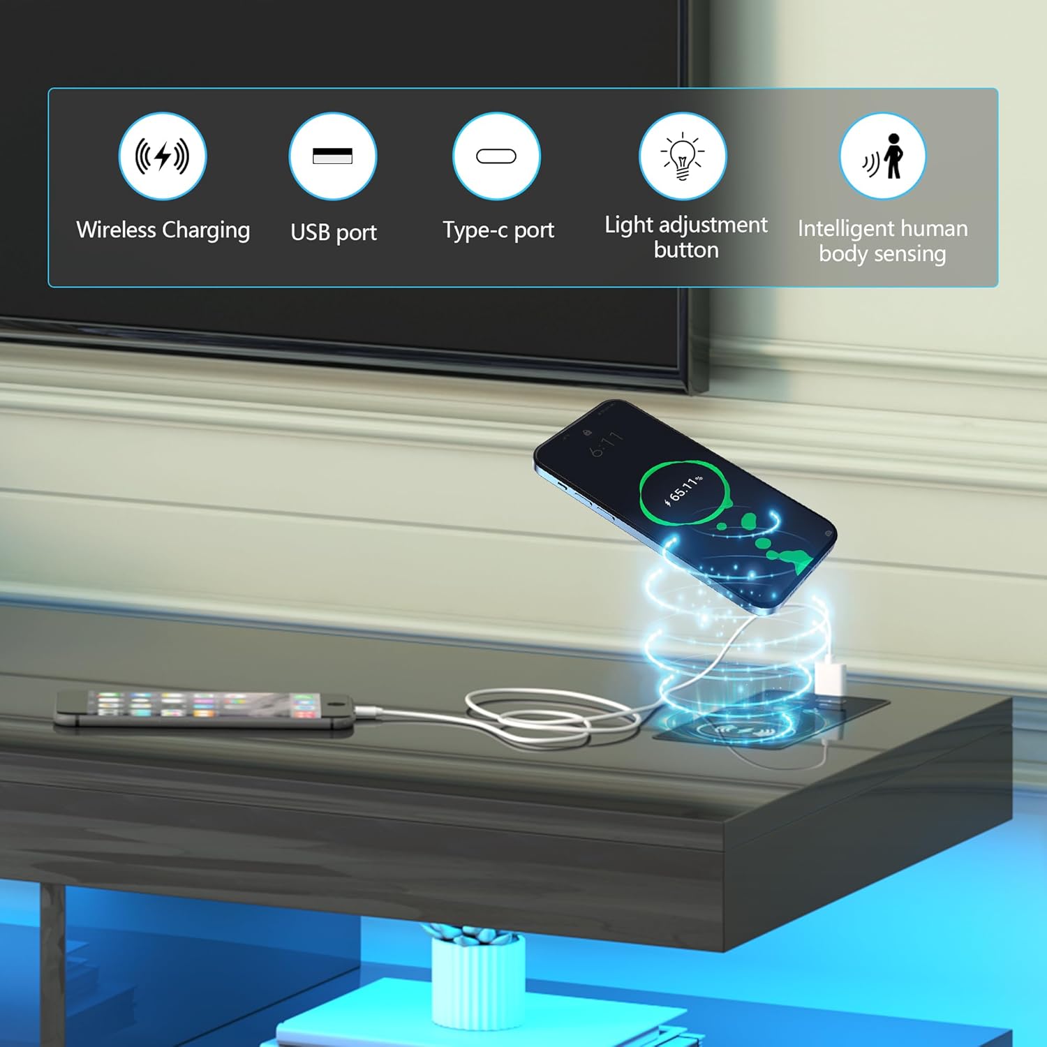 Vlsrka 150cm TV Stand with LED Lights and Charging Station 2 Drawers 2 ...