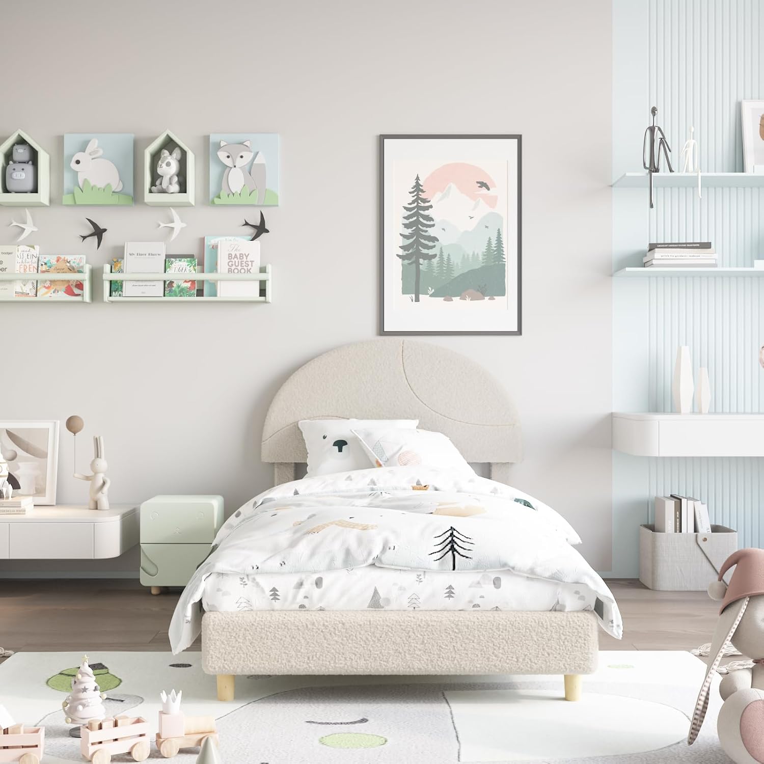 Garvee Twin Bed Frame with Upholstered Round Teddy Boucle Headboard ...
