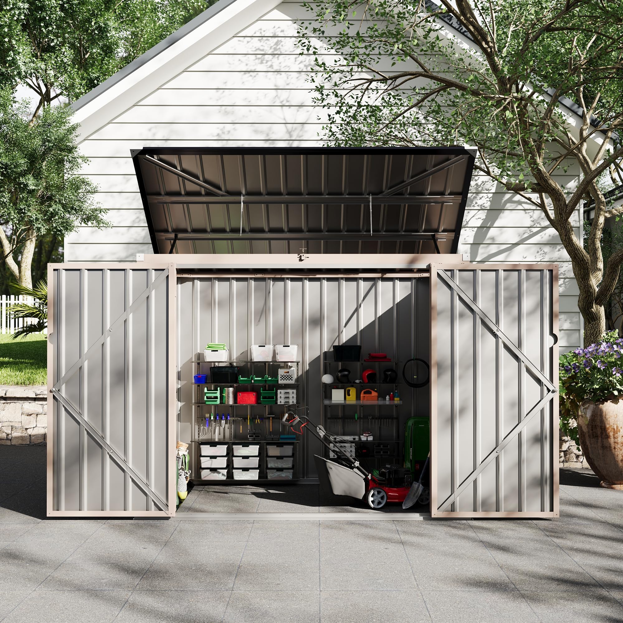 Garvee Brown 3x6 FT Metal Trash Can Shed 2 Bin Outdoor Storage with ...