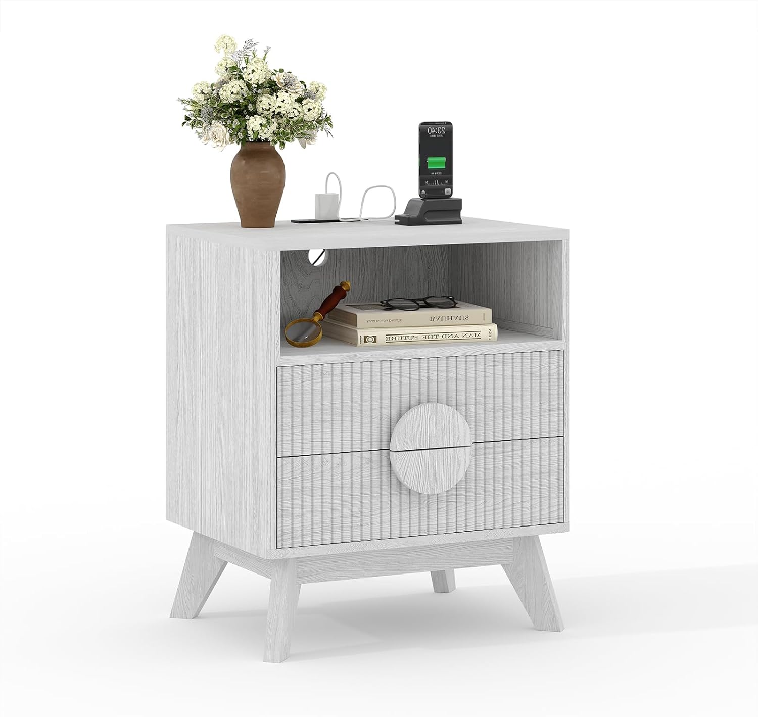 Garvee Fluted Night Stand Set of 1 Wood Tall Nightstands with Charging ...