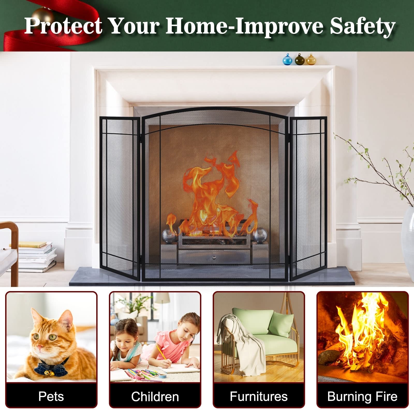 Misopily 3 Panel Fireplace Screen 48 Inch Wide 29 Inch High Foldable ...