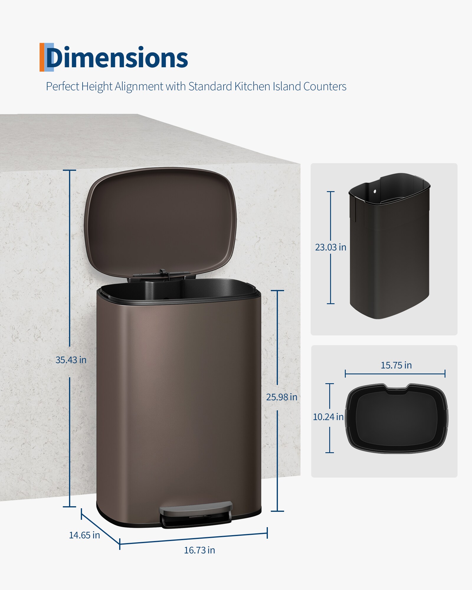 IdealHouse 13.2 Gal (50L) Brown - Stainless Steel Trash Can - Rustproof ...