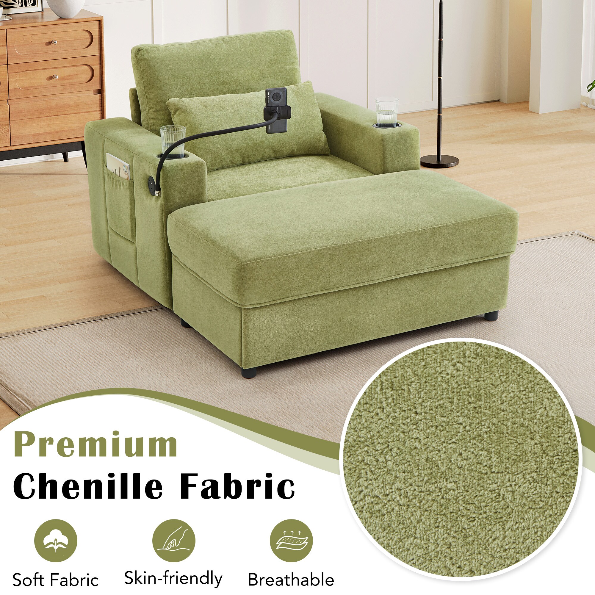 Bybafun 41.7-in W Modern Green Chenille Accent Armchair in the Chairs ...