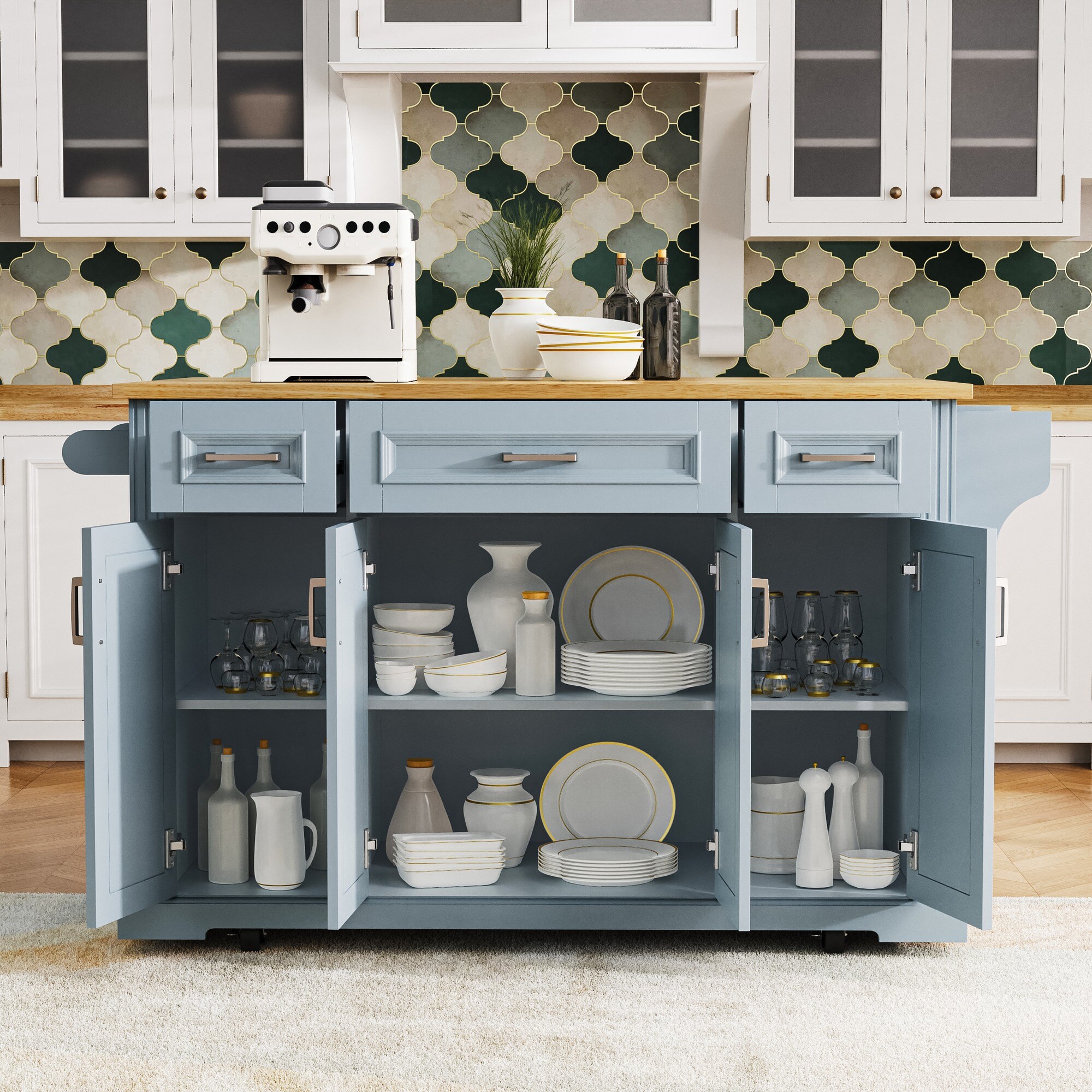 Boho Havens Kitchen Island Cart Rubber Wood Drop Leaf Storage 4 Doors 3 ...