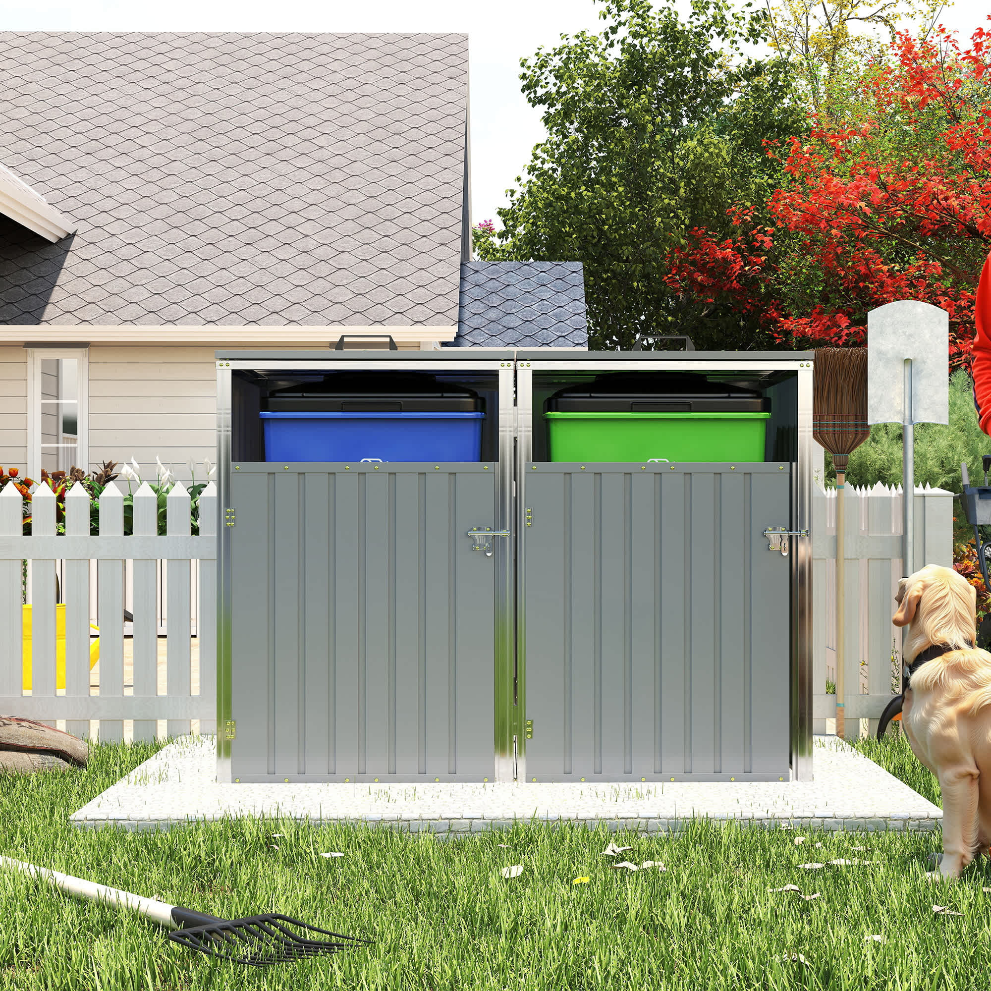 Misty Moon Garbage Bin Shed Stores 2 Trash Cans Metal Outdoor Bin Shed ...