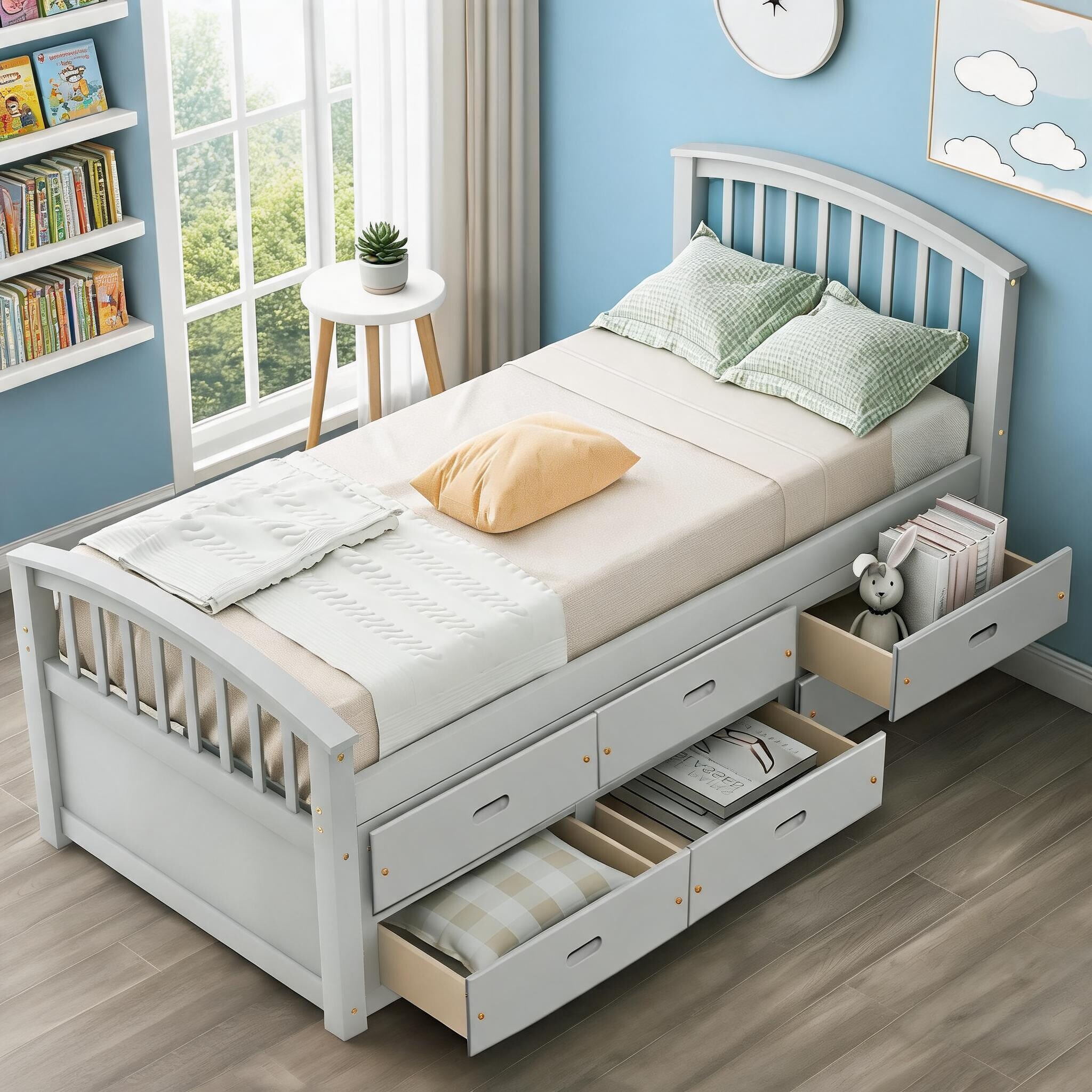Watnature Cool Gray Solid Wood Twin Platform Bed with 6 Drawers Modern ...
