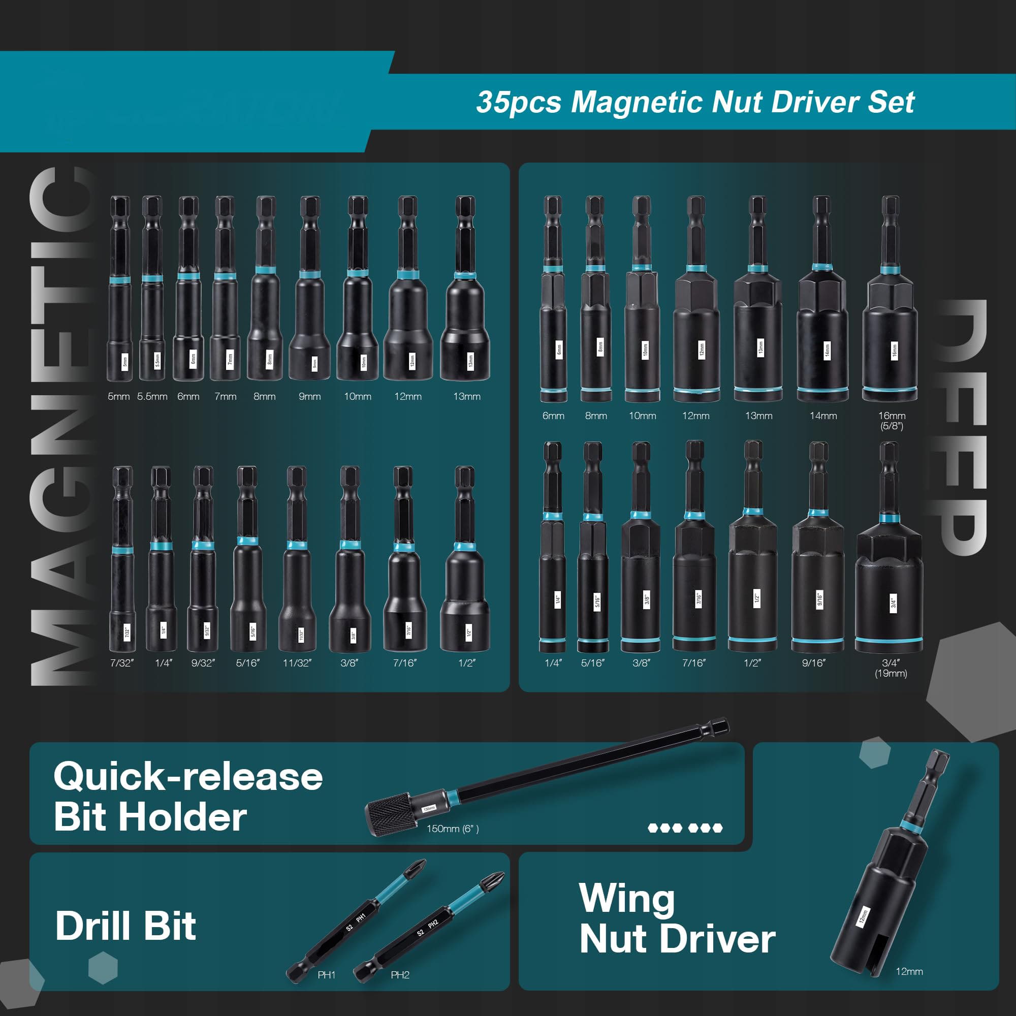 Etokfoks 35pcs Magnetic Nut Driver Set Metric SAE Impact Drill Bit Kit ...