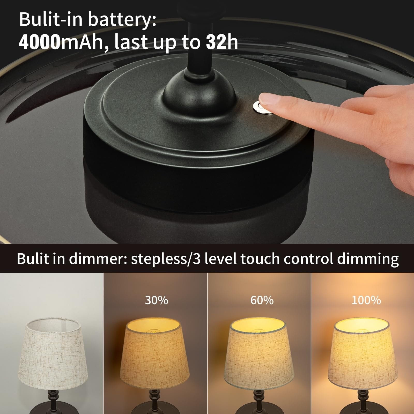 Anqtovp Small Cordless Table Lamp Touch Control Dimmable LED with Beige ...