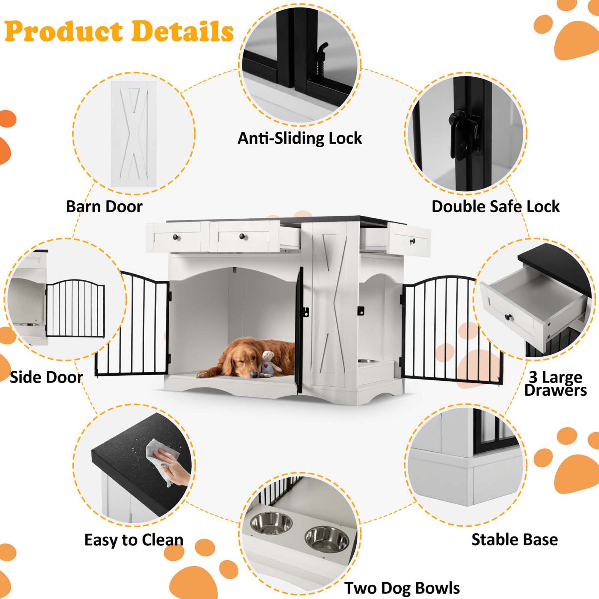 White Composite Indoor Crate Dog Kennel with 3 Drawers Removable Feeder ...