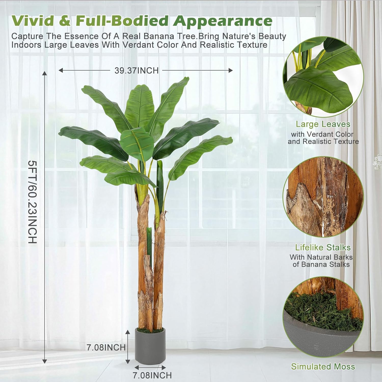 Garvee 5 ft Artificial Banana Tree Faux Banana Tree with Grey Planter ...