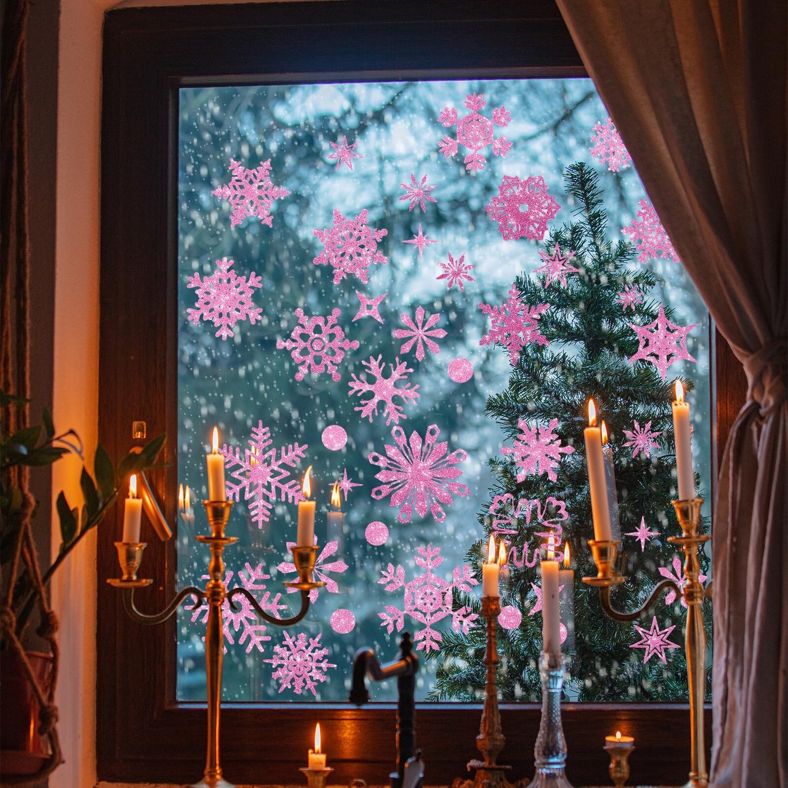 LAIFUCAM Glitter Snowflake Christmas Window Clings 9 Sheet 93 pcs Pink ...